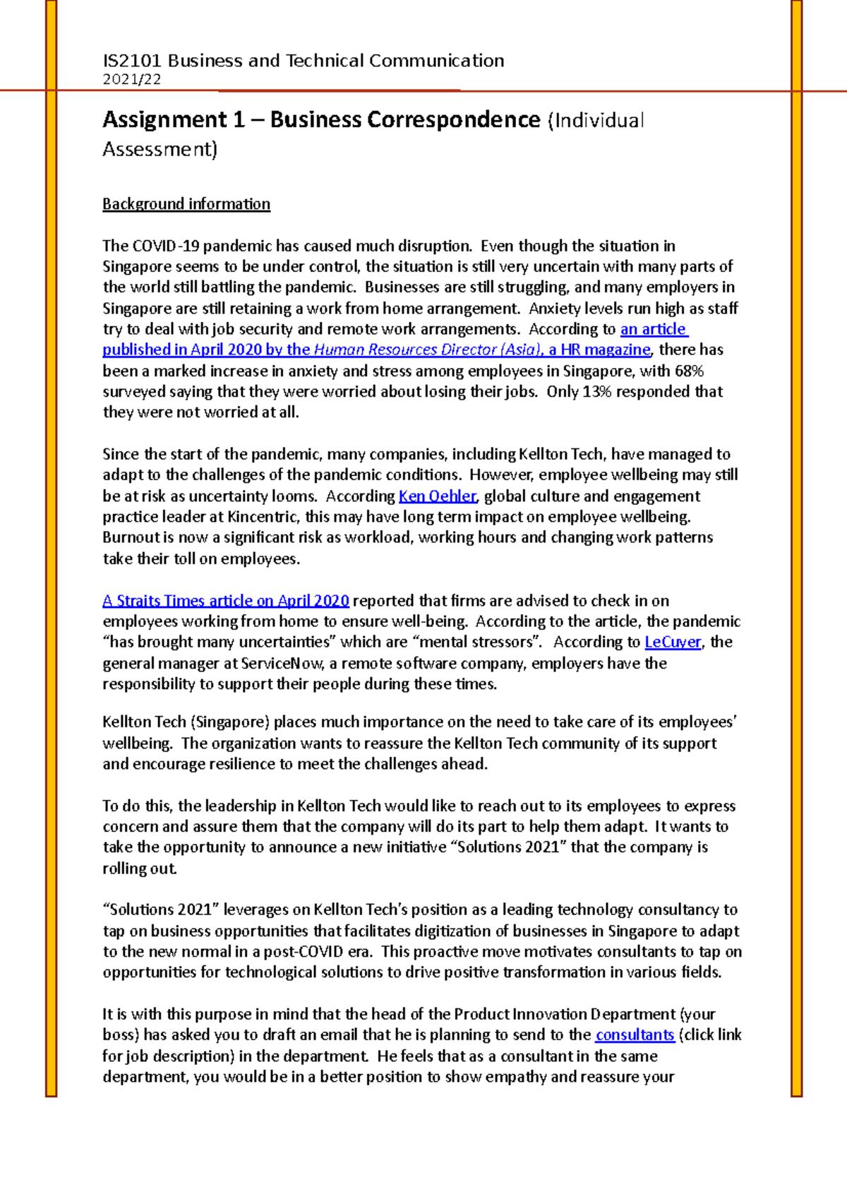 Assignment 1 - Business Correspondence Sem 1 (202122) - IS2101 - NUS ...