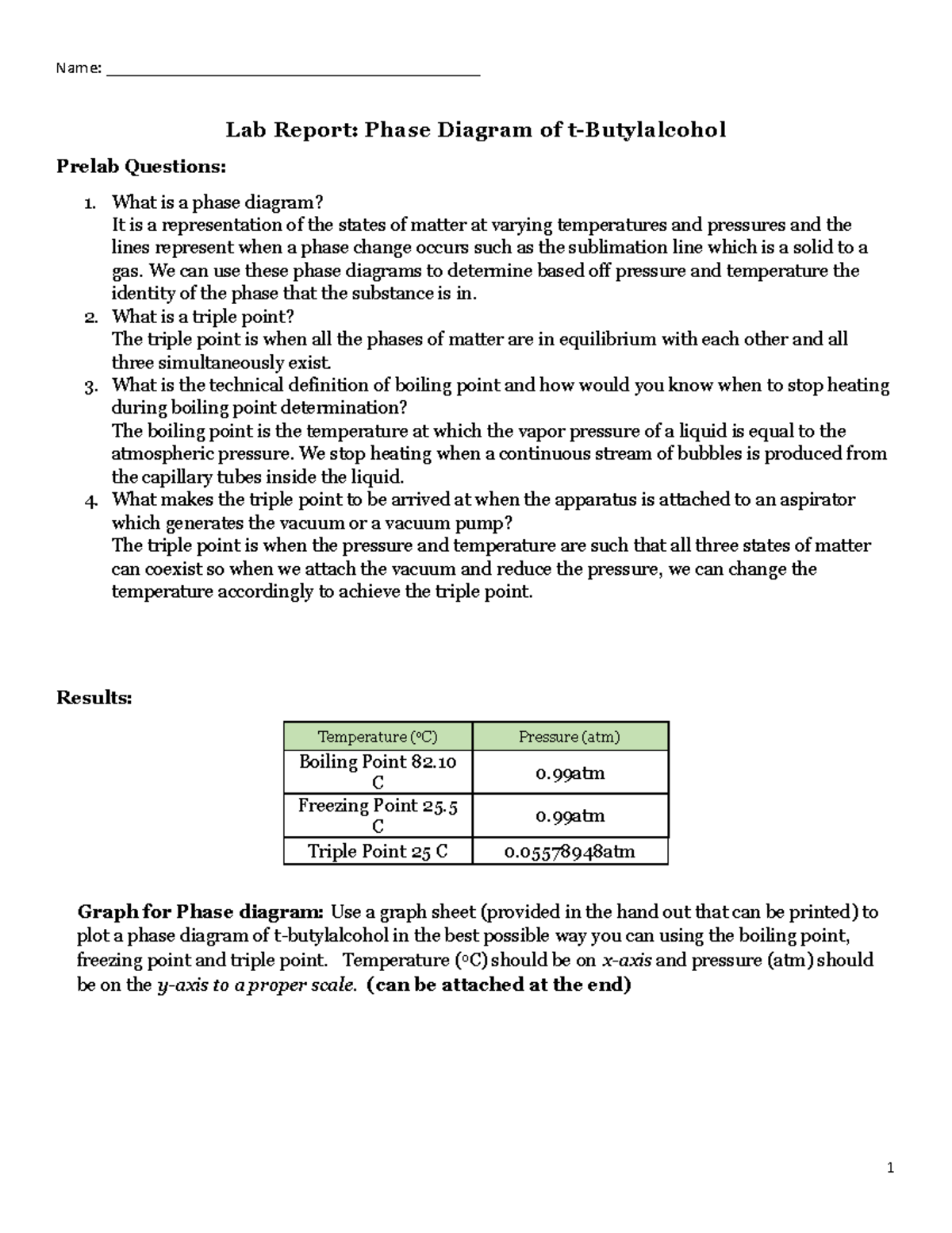 Lab report - phase diagram T-butyl alcohol - Name