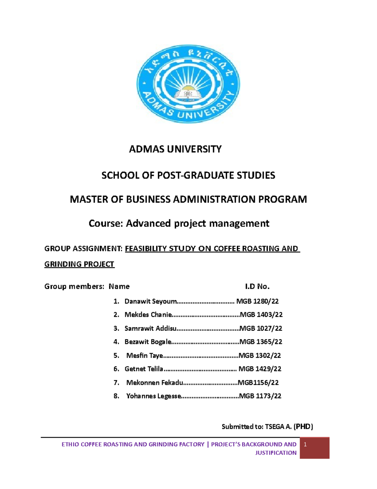 Coffee feasibility study - ADMAS UNIVERSITY SCHOOL OF POST-GRADUATE ...