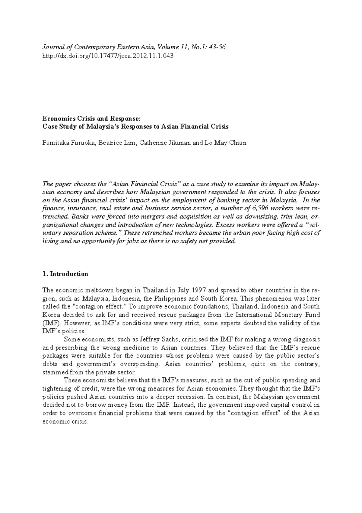 Economics Crisis and Response Case Study of Malaysia's Responses to ...