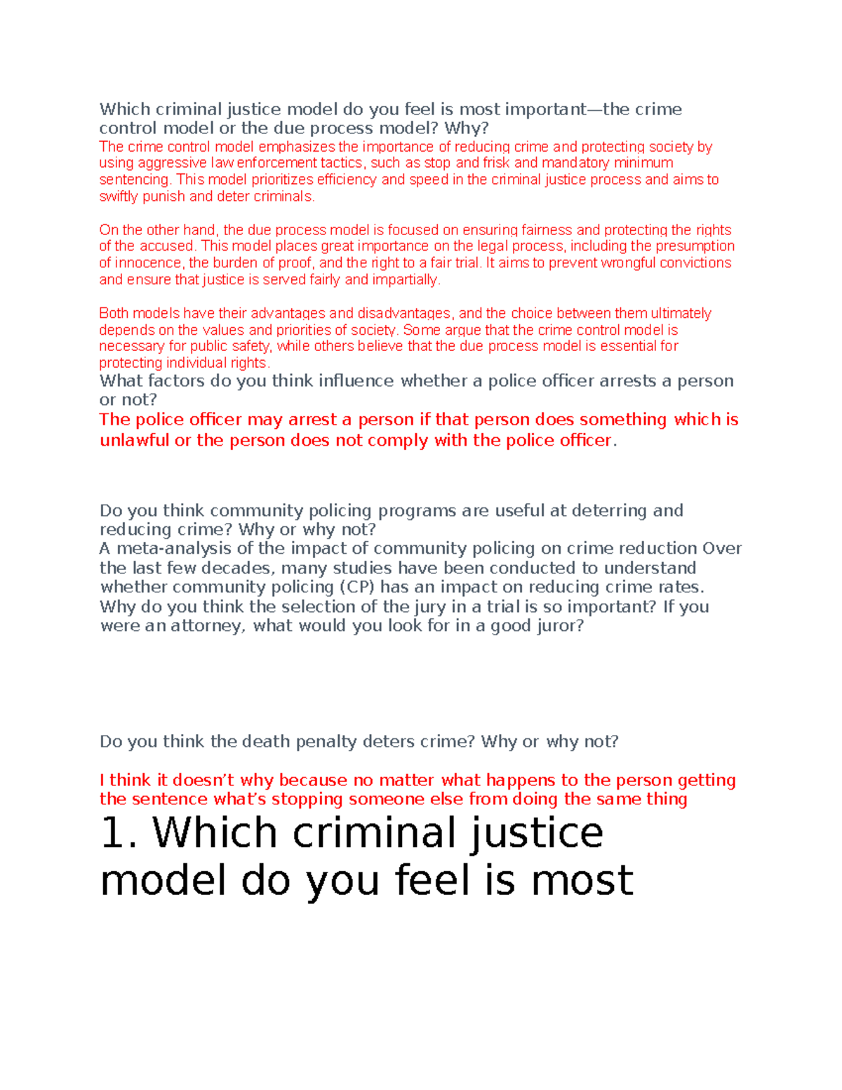 Thinking questions 7 - Which criminal justice model do you feel is most ...