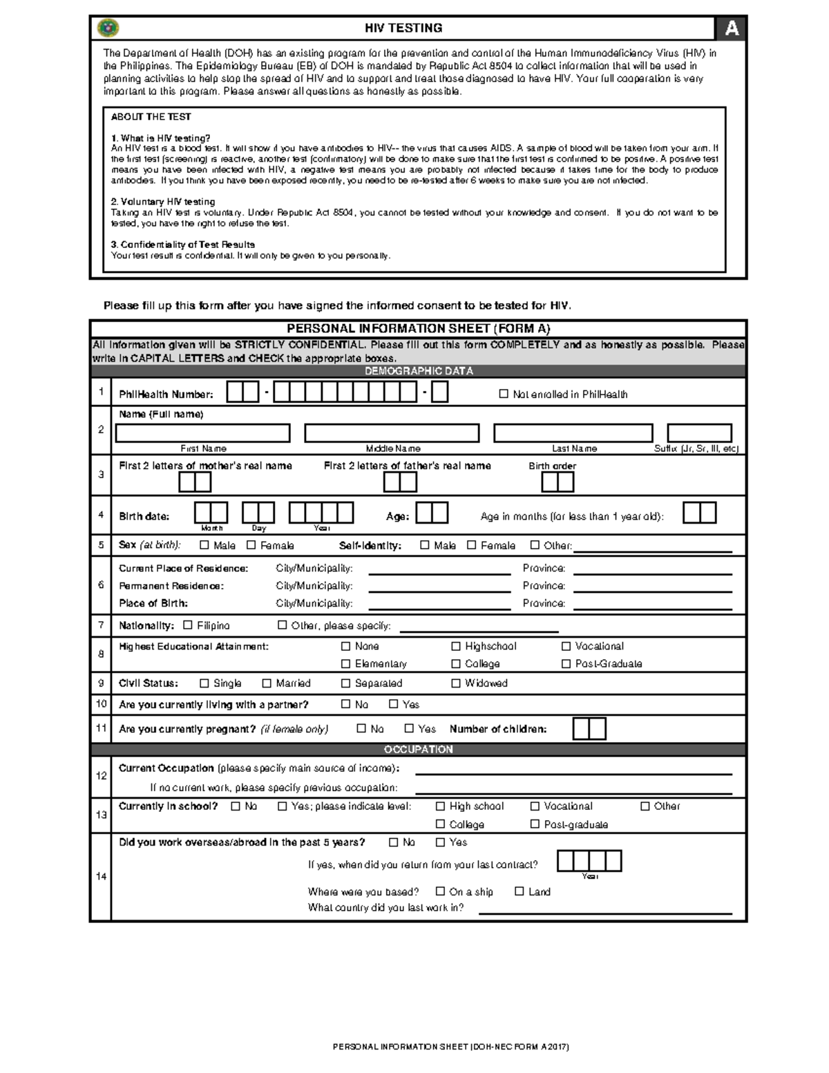 GRD LAB 905 HIV Personal Information Sheet A - Please fill up this form ...