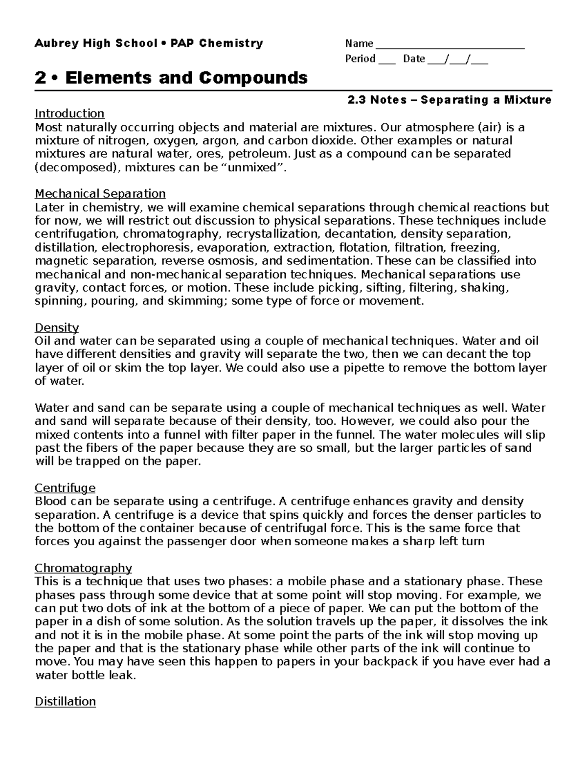 2.3 PAP Notes Separating a Mixture rev2020 - Aubrey High School PAP ...