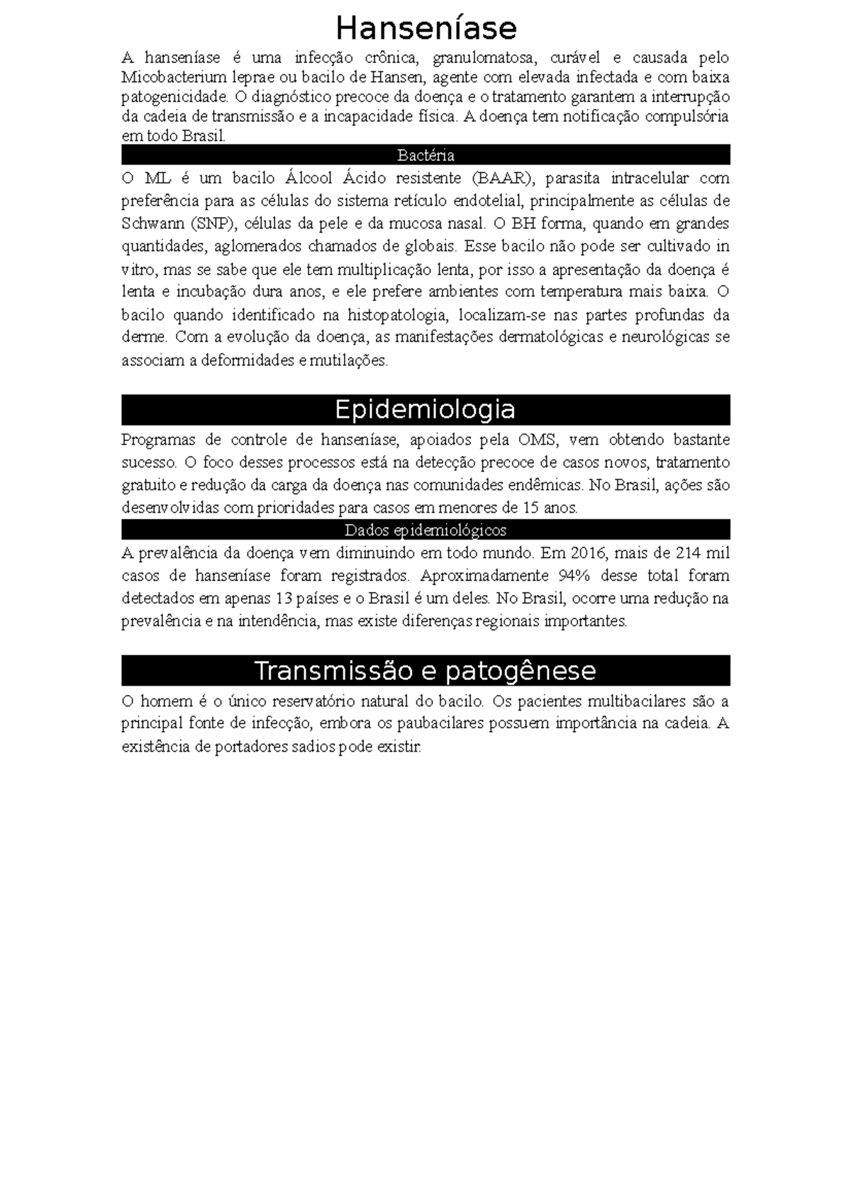 Hanseniase - Documento com as anotacaoes - Hanseníase A hanseníase é ...