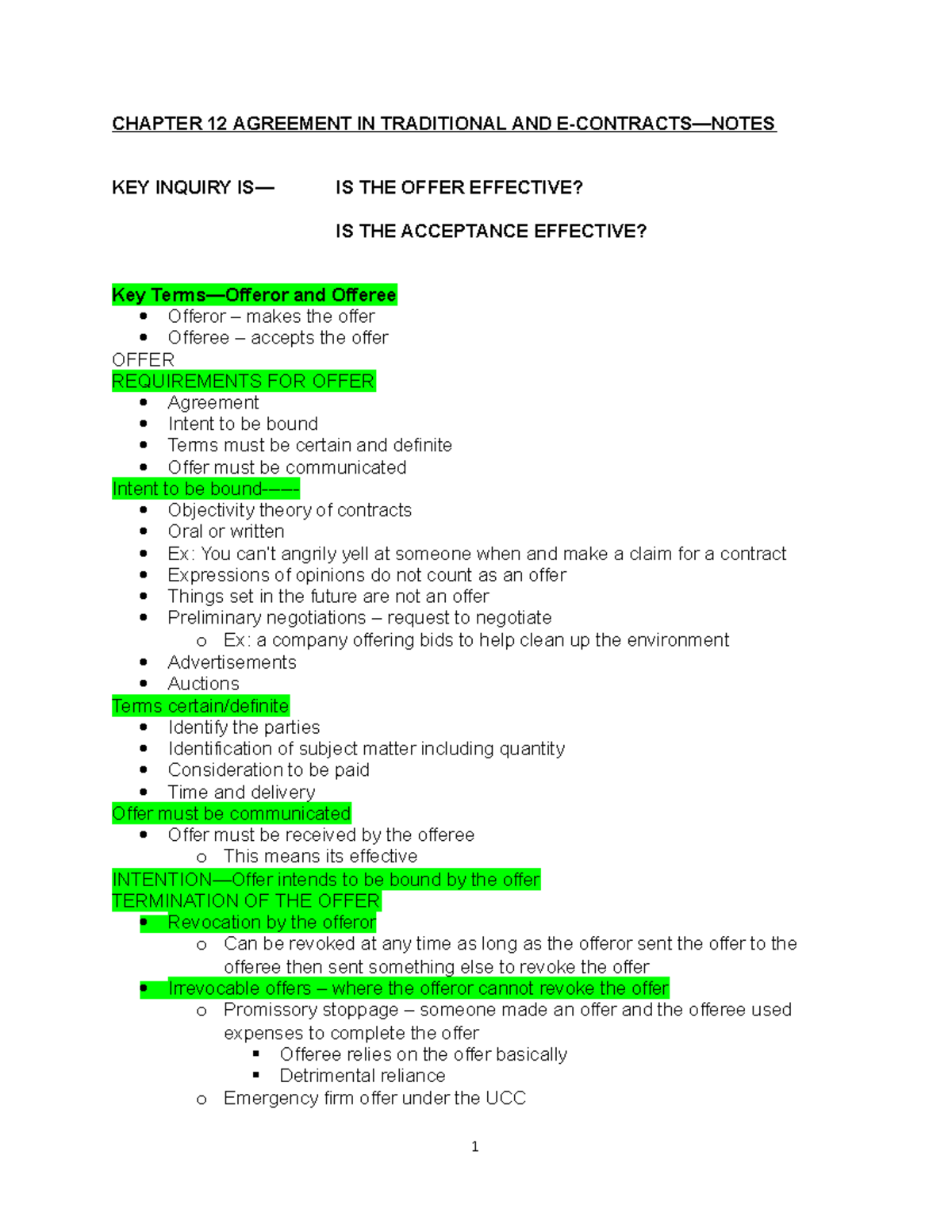 Chapter 12 Agreement in Traditional and E-Contracts-Notes - CHAPTER 12 ...