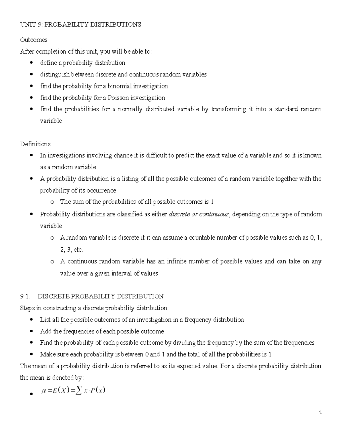 Statistics Lecture Notes Unit 9 - UNIT 9: PROBABILITY DISTRIBUTIONS ...