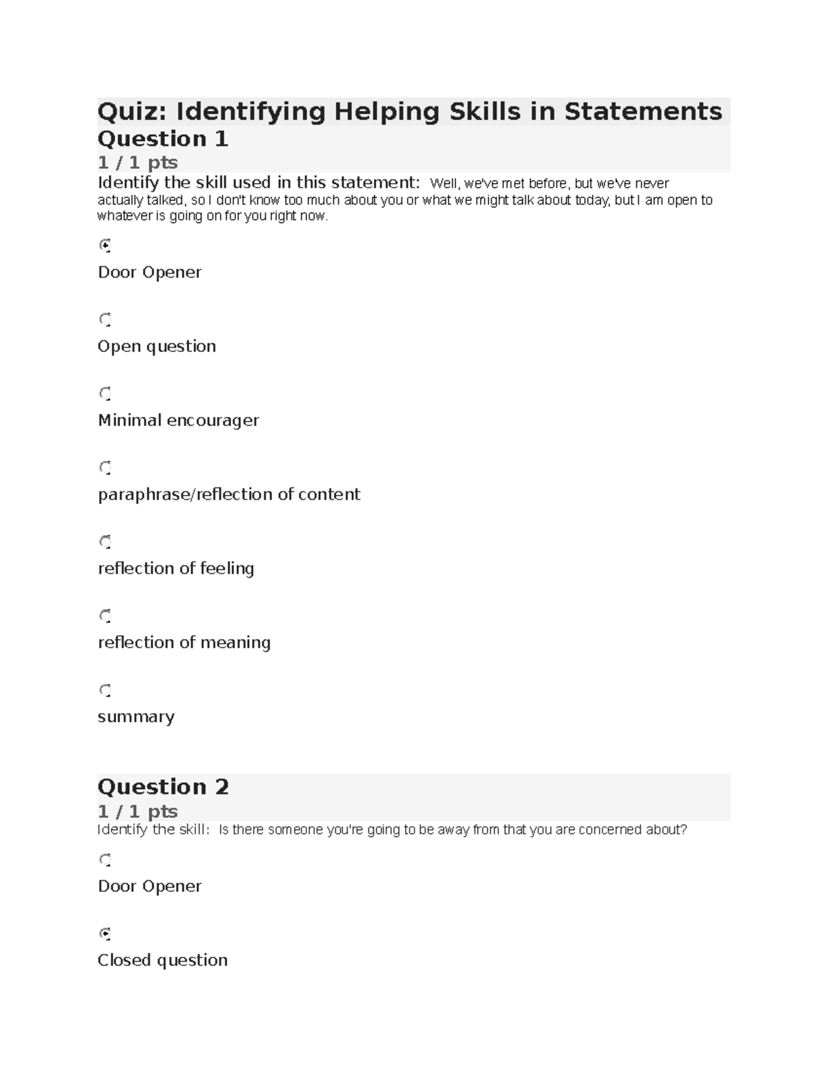Quiz Identifying Helping Skills in Statements - Quiz: Identifying ...