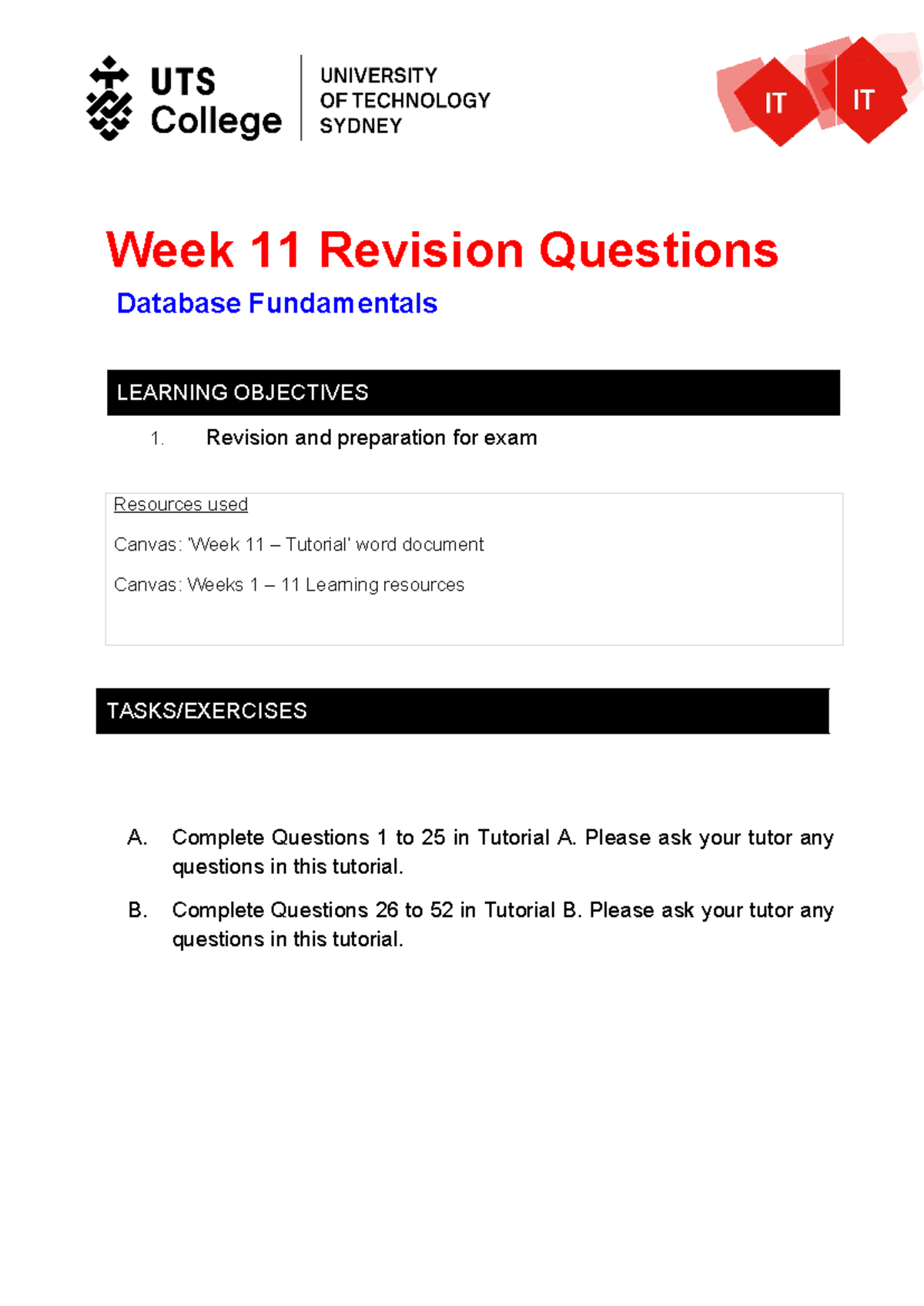 Week 11 Revision Questions - Week 11 Revision Questions Database Fundamentals LEARNING ...