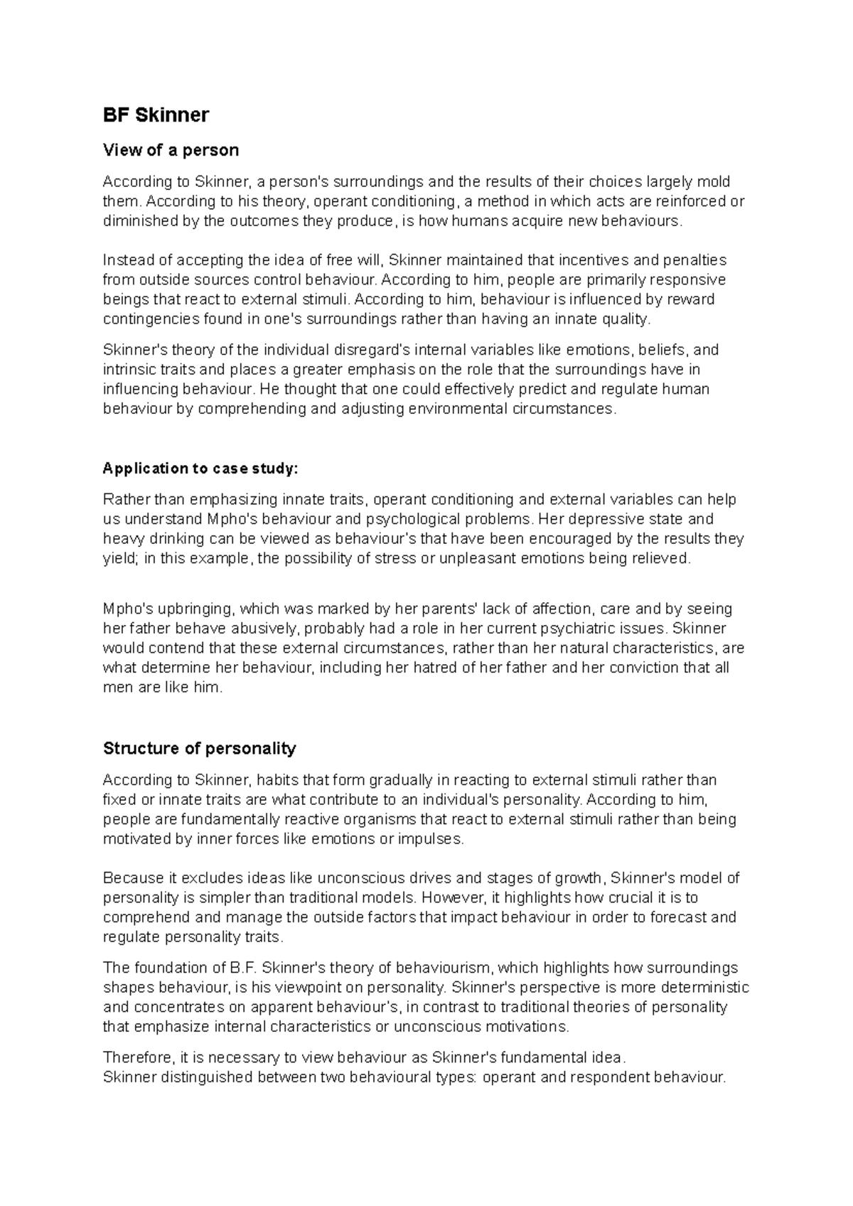 BF Skinner assignment - BF Skinner View of a person According to ...