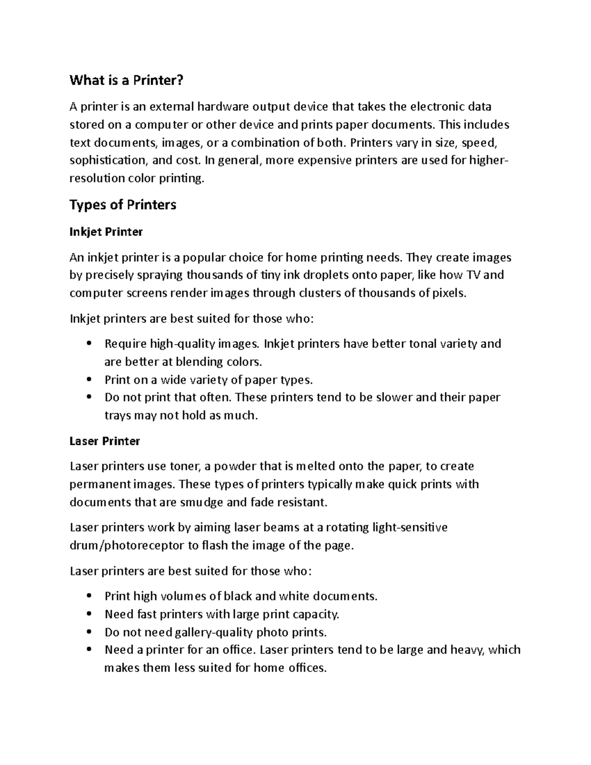 Unit 8 - Choosing a Printer - What is a Printer? A printer is an ...