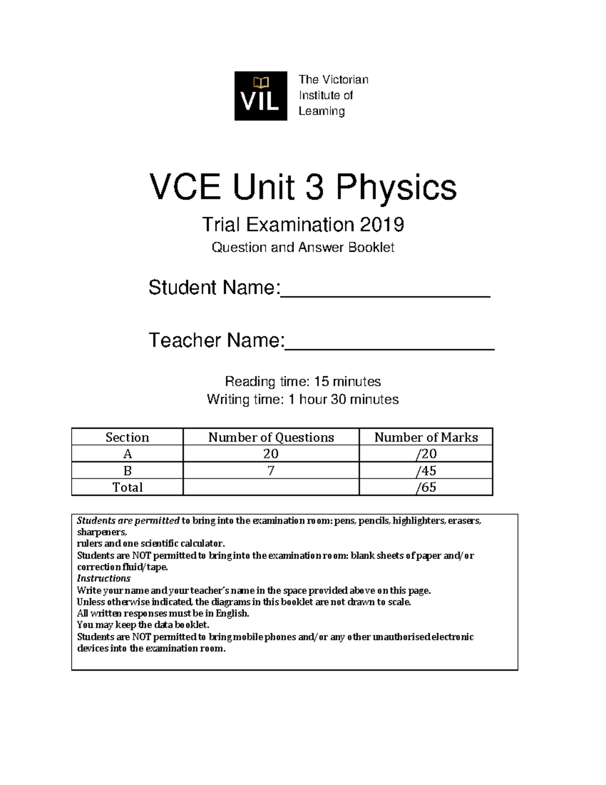 VIL Unit 3 Physics Exam 2019 - VCE Unit 3 Physics Trial Examination ...