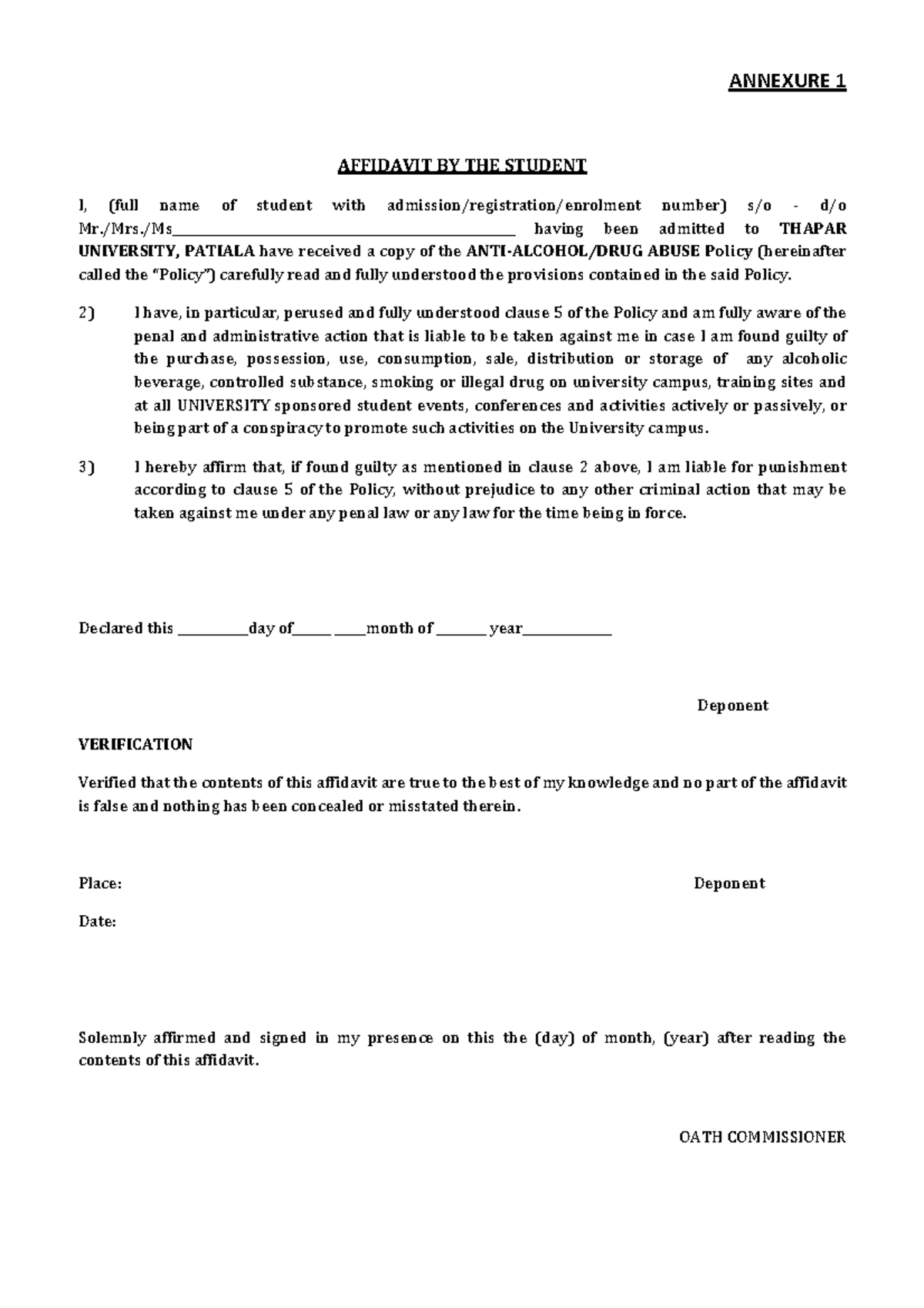 Affidavit Students - ANNEXURE 1 AFFIDAVIT BY THE STUDENT I, (full name ...