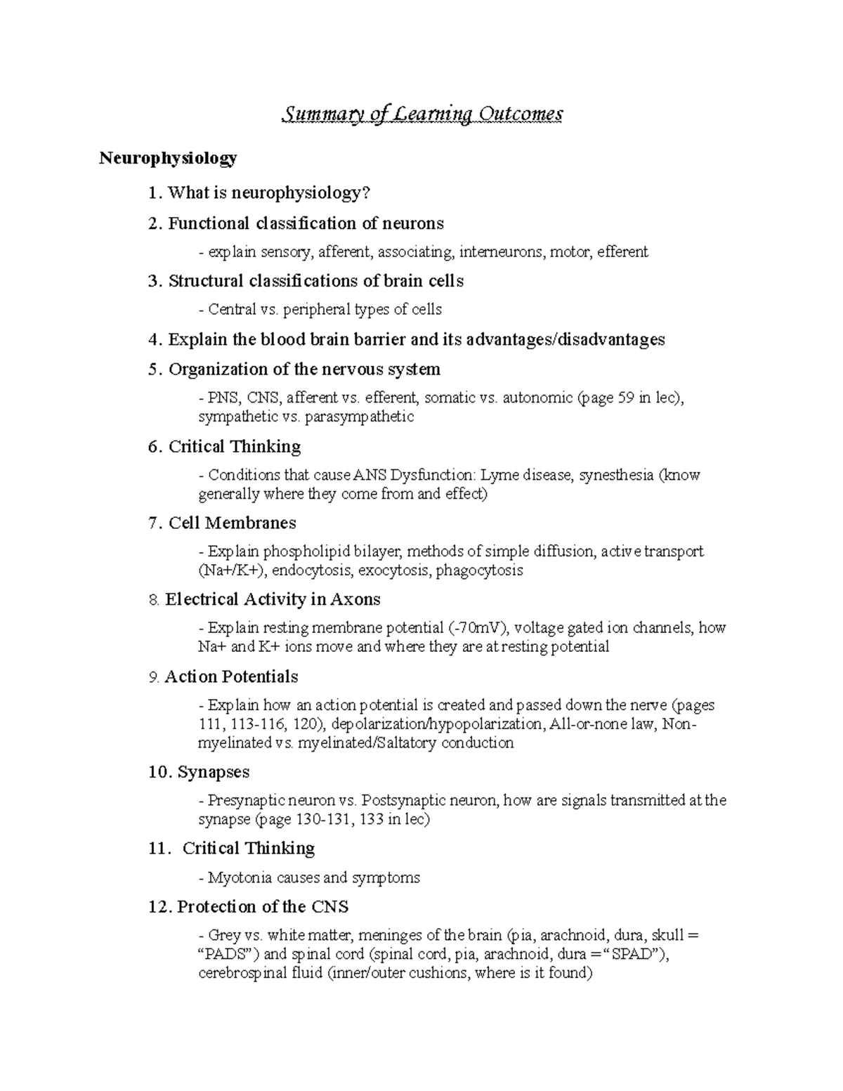 Summary of Learning Outcomes Neuro - Summary of Learning Outcomes ...