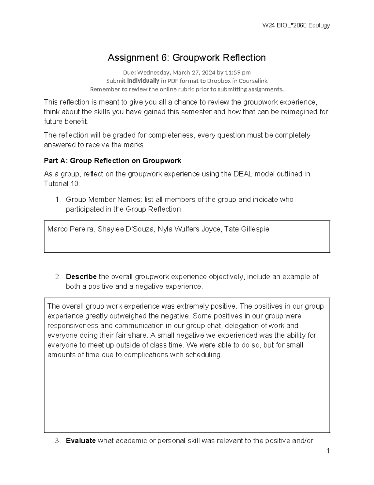 Assignment 6 Groupwork Reflection - Assignment 6: Groupwork Reflection Due: Wednesday, March 27 ...
