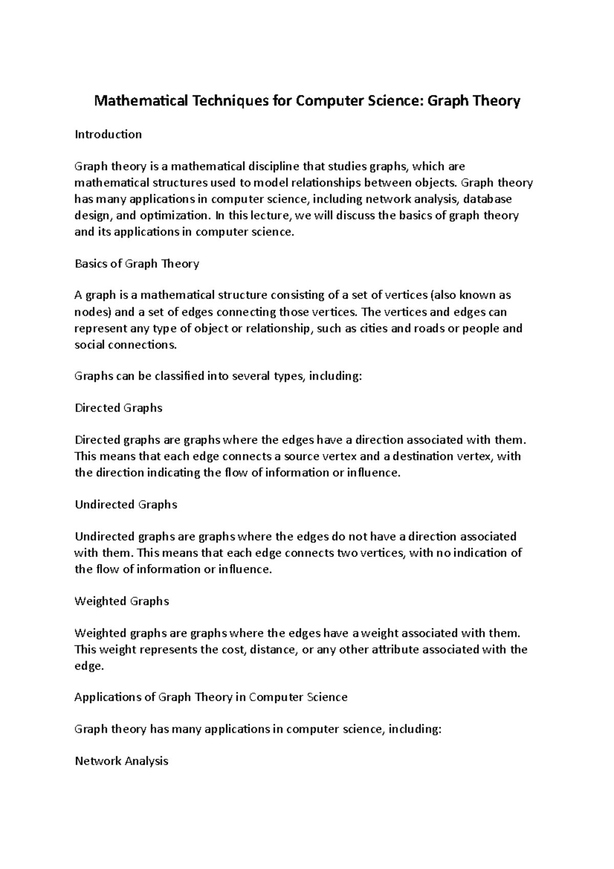 Mathematical Techniques For Computer Science Graph Theory Mathematical Techniques For