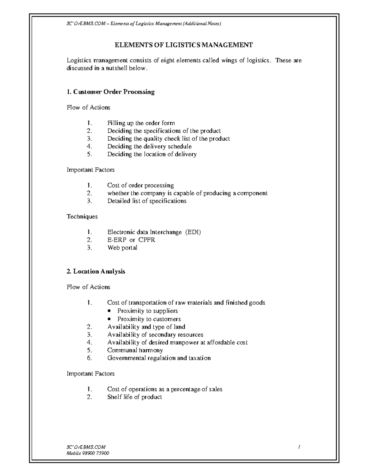 Logistics notes - SC’OrEBMS 1 ELEMENTS OF LIGISTICS MANAGEMENT ...