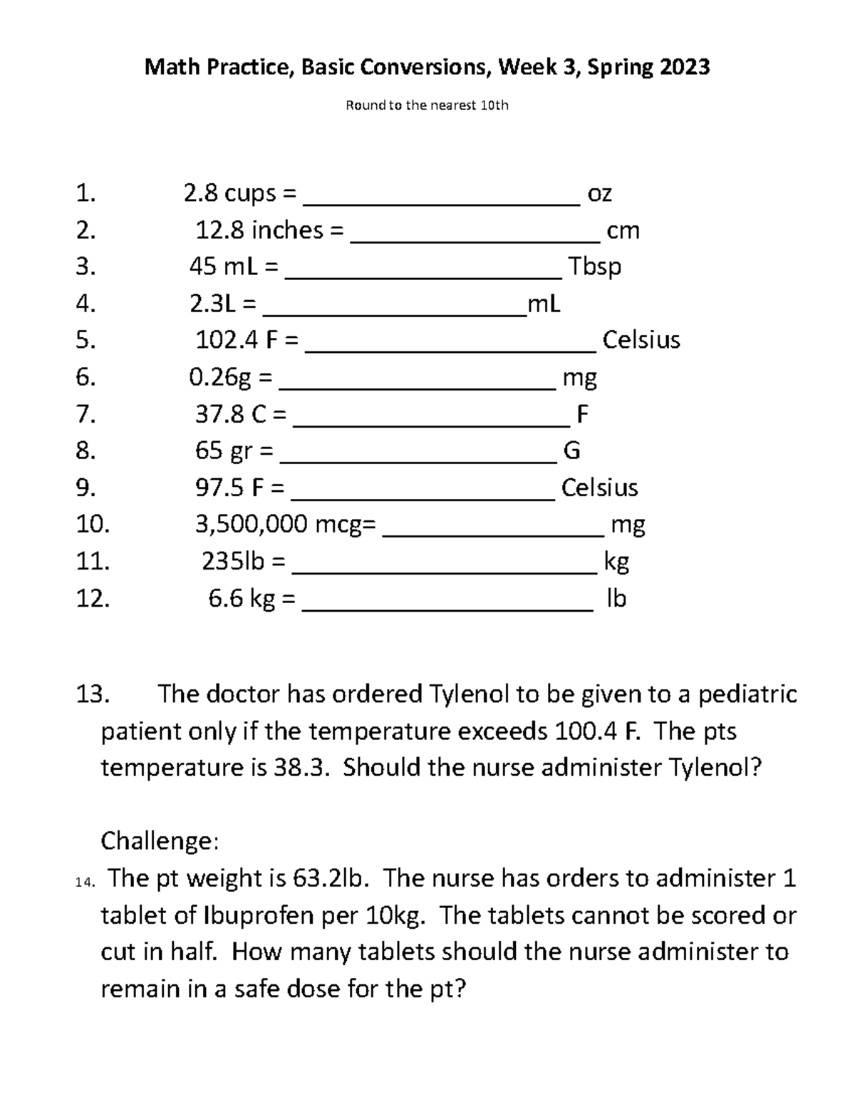 Math Practice, Week 3 conversions - Math Practice, Basic Conversions ...
