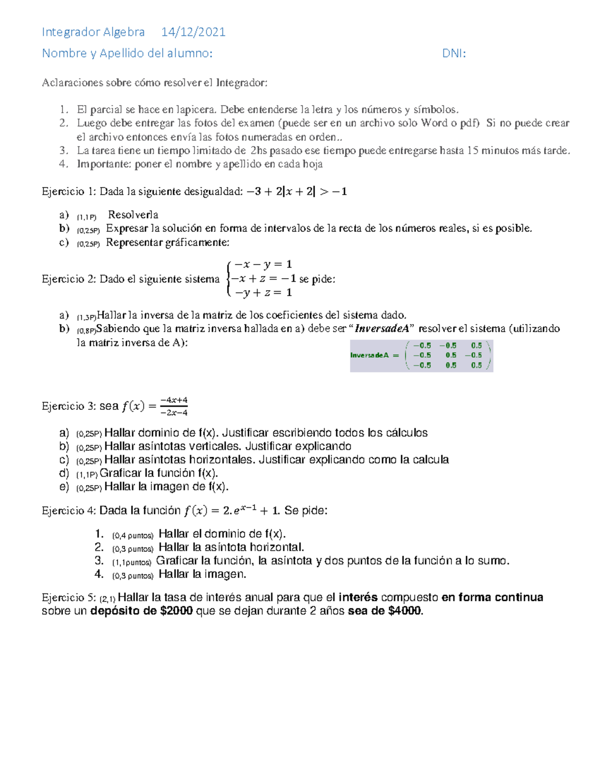2021 12 14 Integrador Algebra - Integrador Algebra 14/12/ Nombre y ...