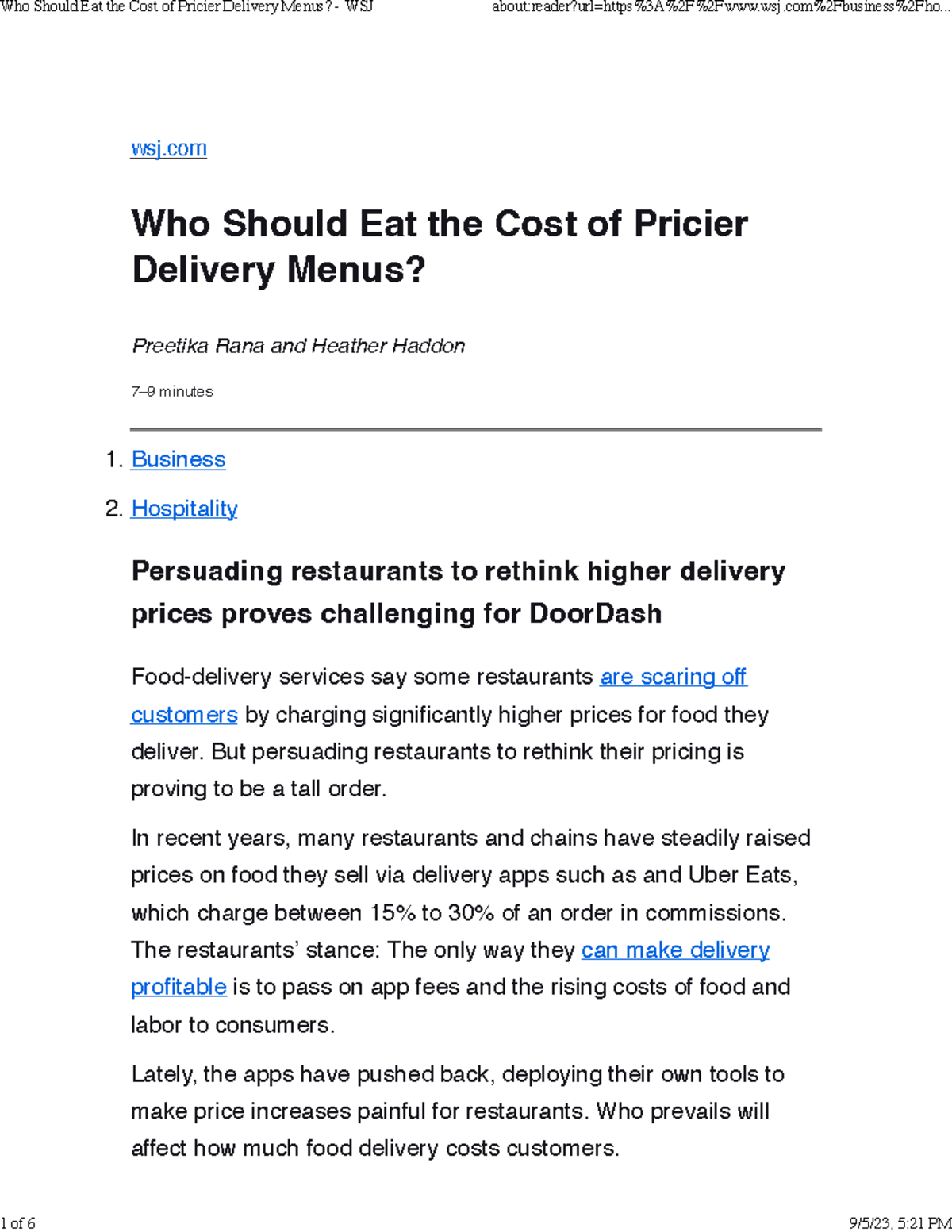 Who Should Eat the Cost of Pricier Delivery Menus - WSJ - wsj Who ...
