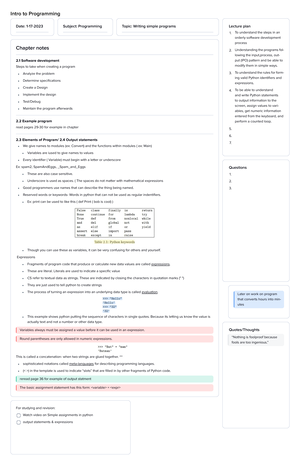 Chapter 1 notes - Intro to Programming Date: 01/06/2023 Subject: ISYS ...