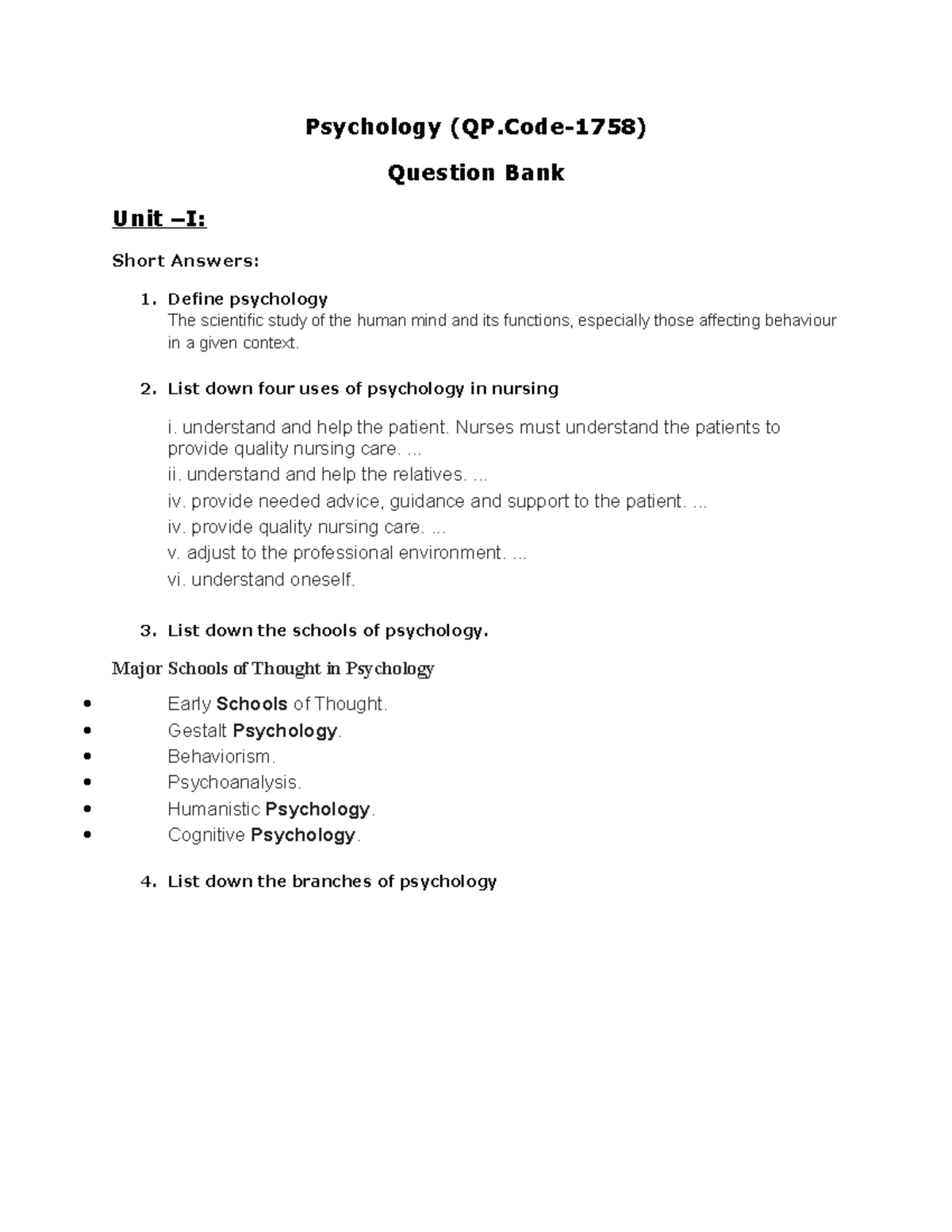 Psychology Blueprint Short Answers - Psychology (QP-1758) Question Bank ...