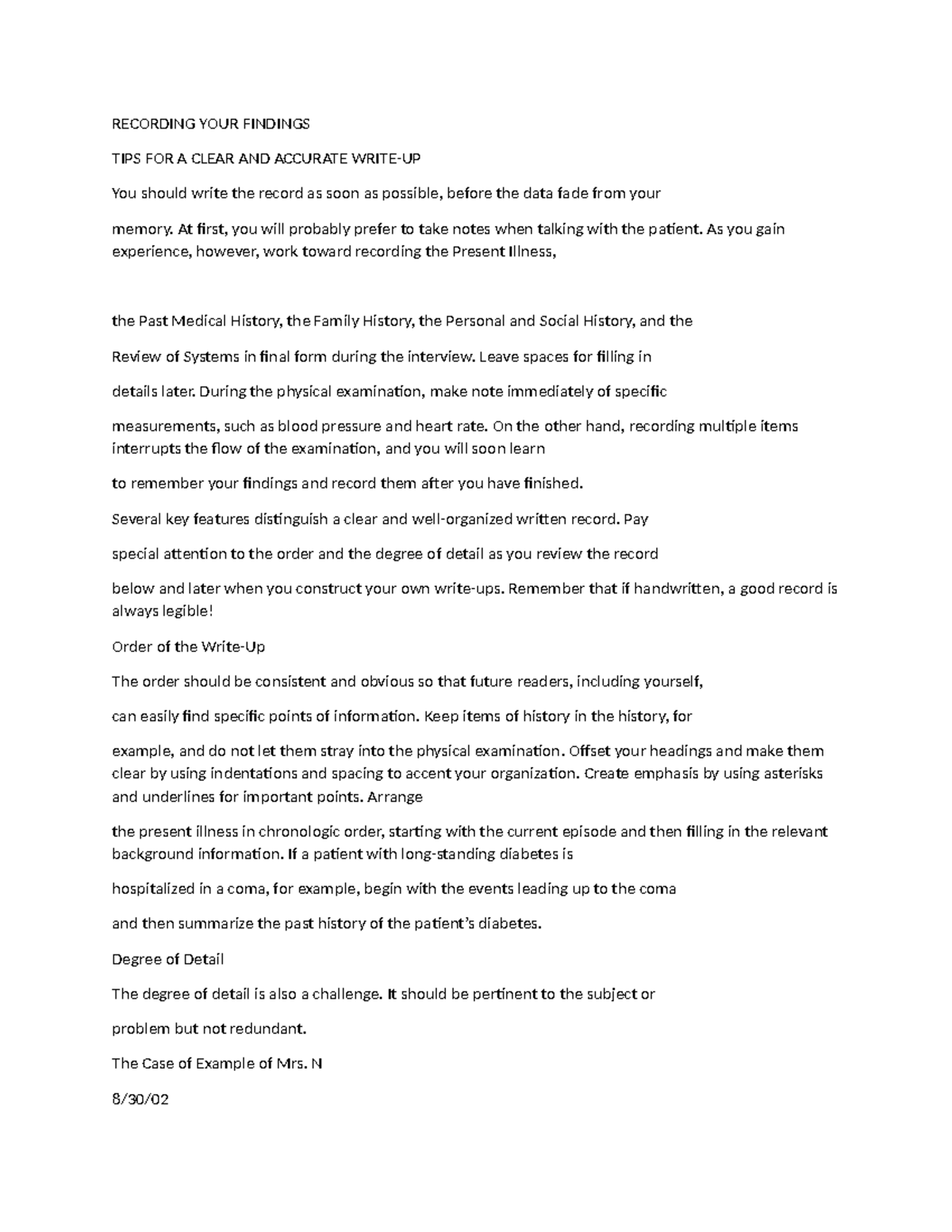 Health Assessment 1-6 - Summary bs nursing - RECORDING YOUR FINDINGS ...