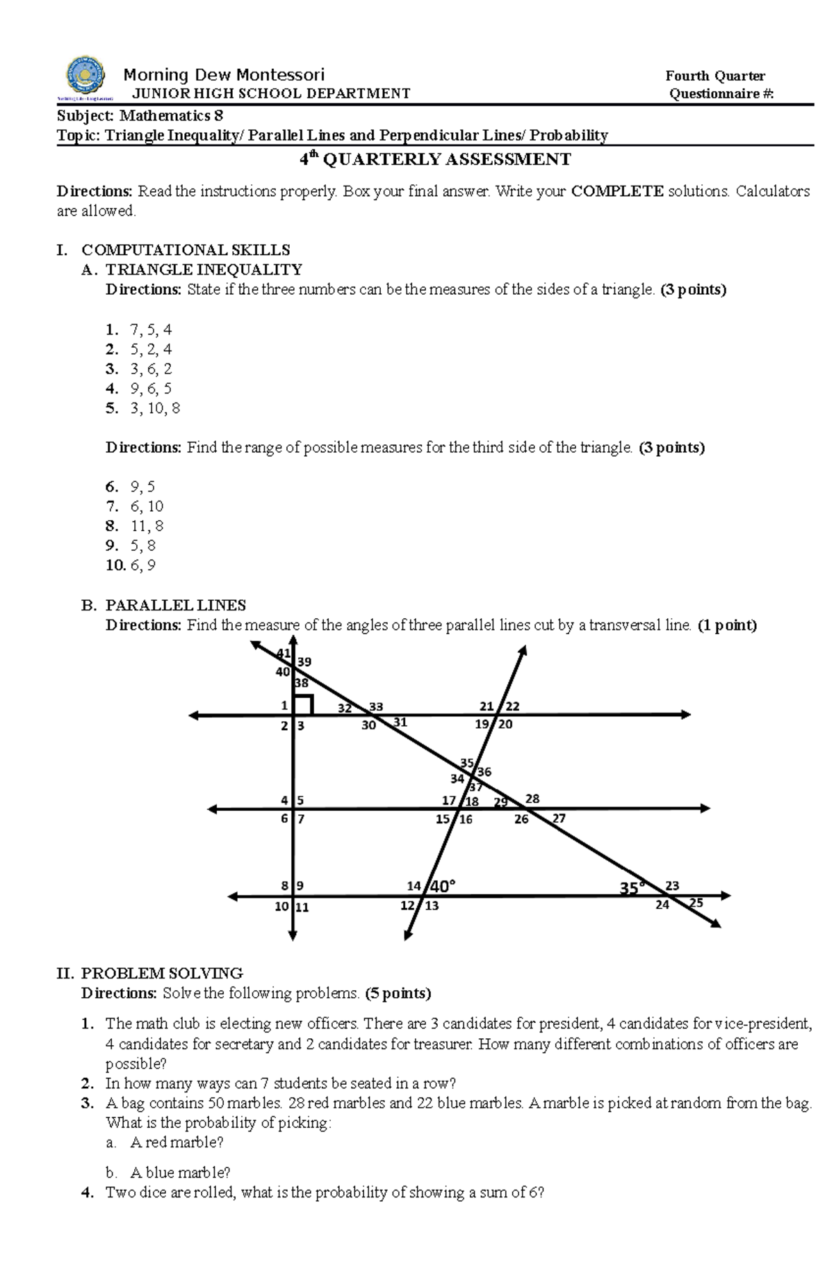 MATH 8 QA 4Q - Grade 8 Math 1st Quarter - Morning Dew Montessori Fourth ...