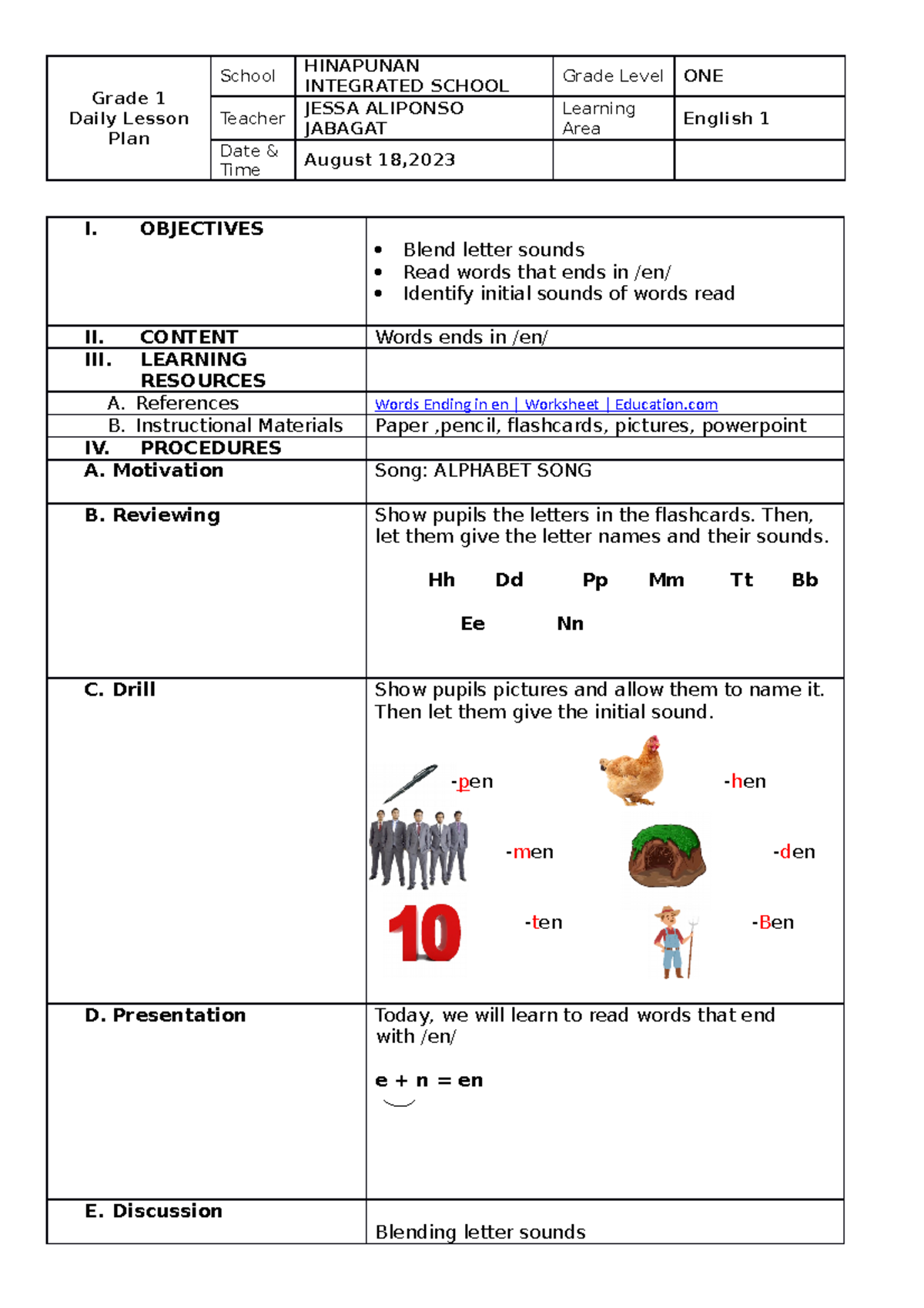 Fuller Method (Demo) - Grade 1 Daily Lesson Plan School ...