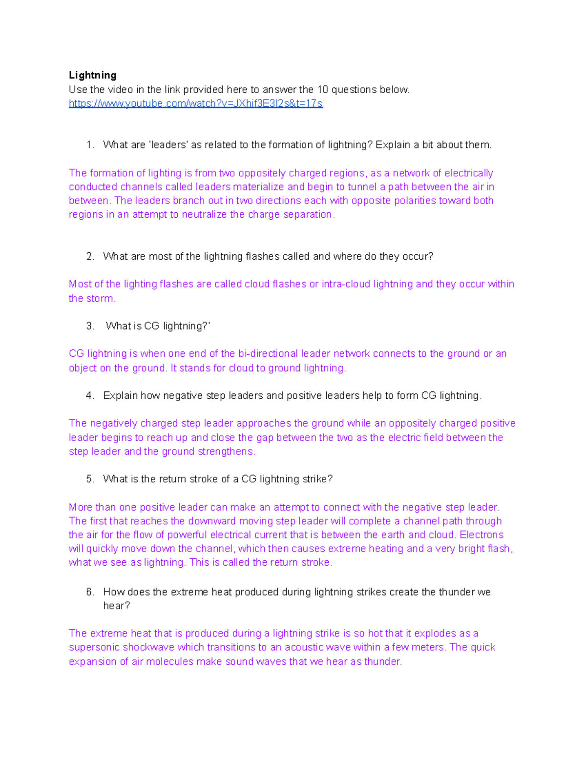 Lightning - Lightning Use the video in the link provided here to answer ...