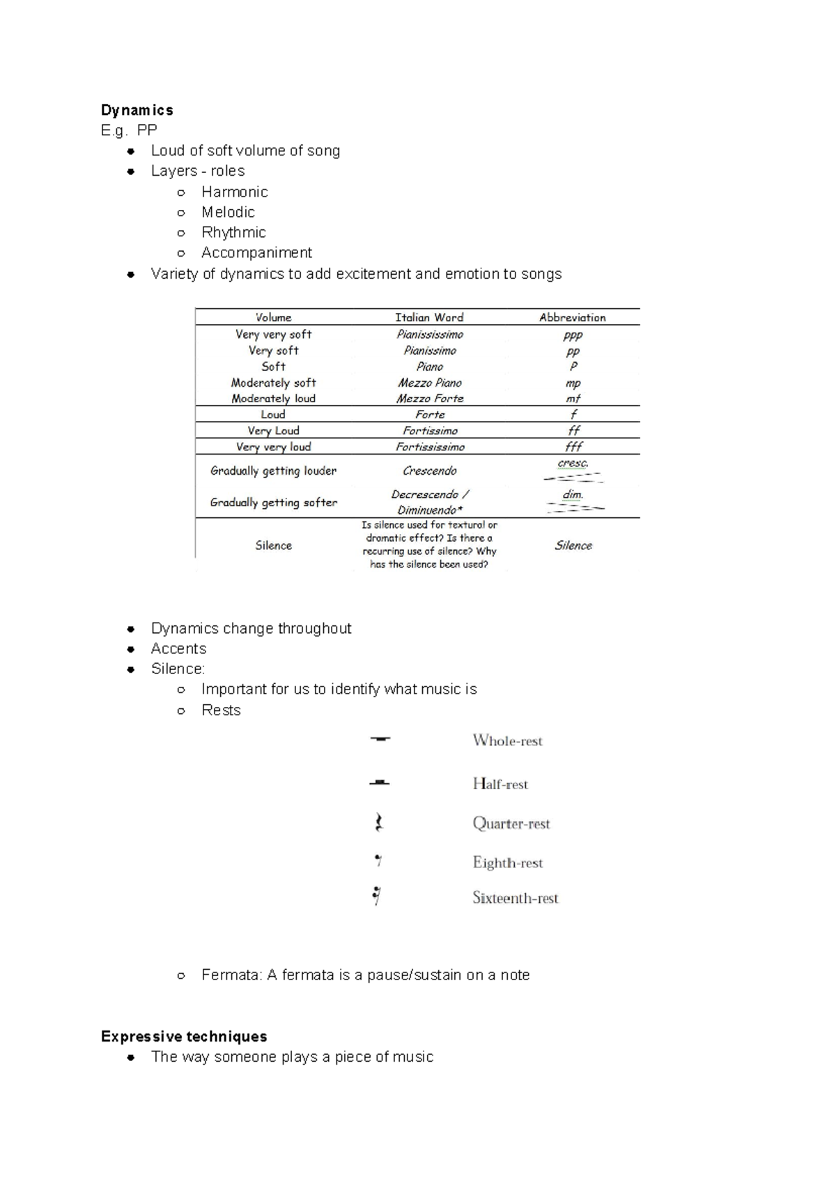 Dynamics and expressive technqiues - Music - Dynamics E. PP Loud of ...