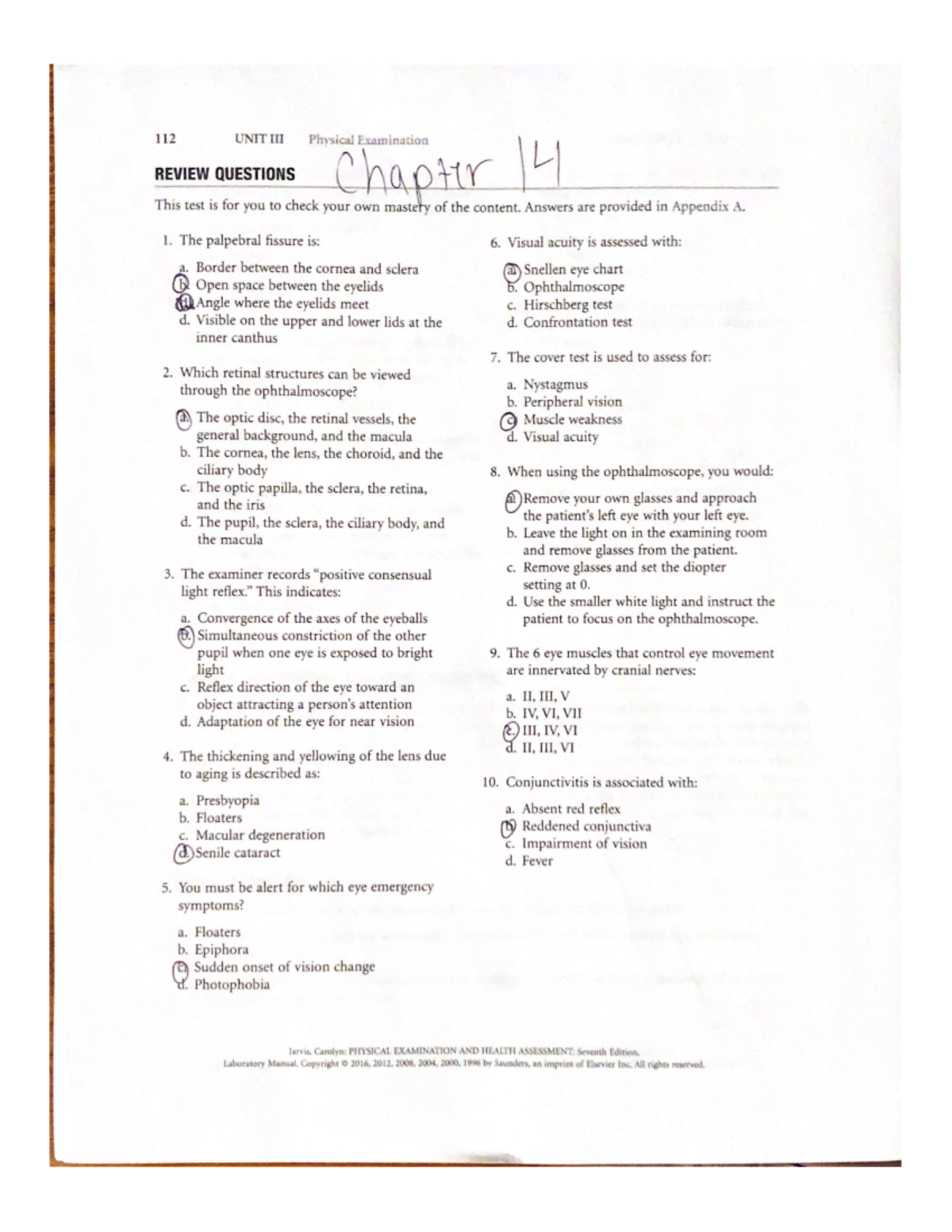 Chapter 14-17 jarvis - health assessment - NSG350 - Studocu