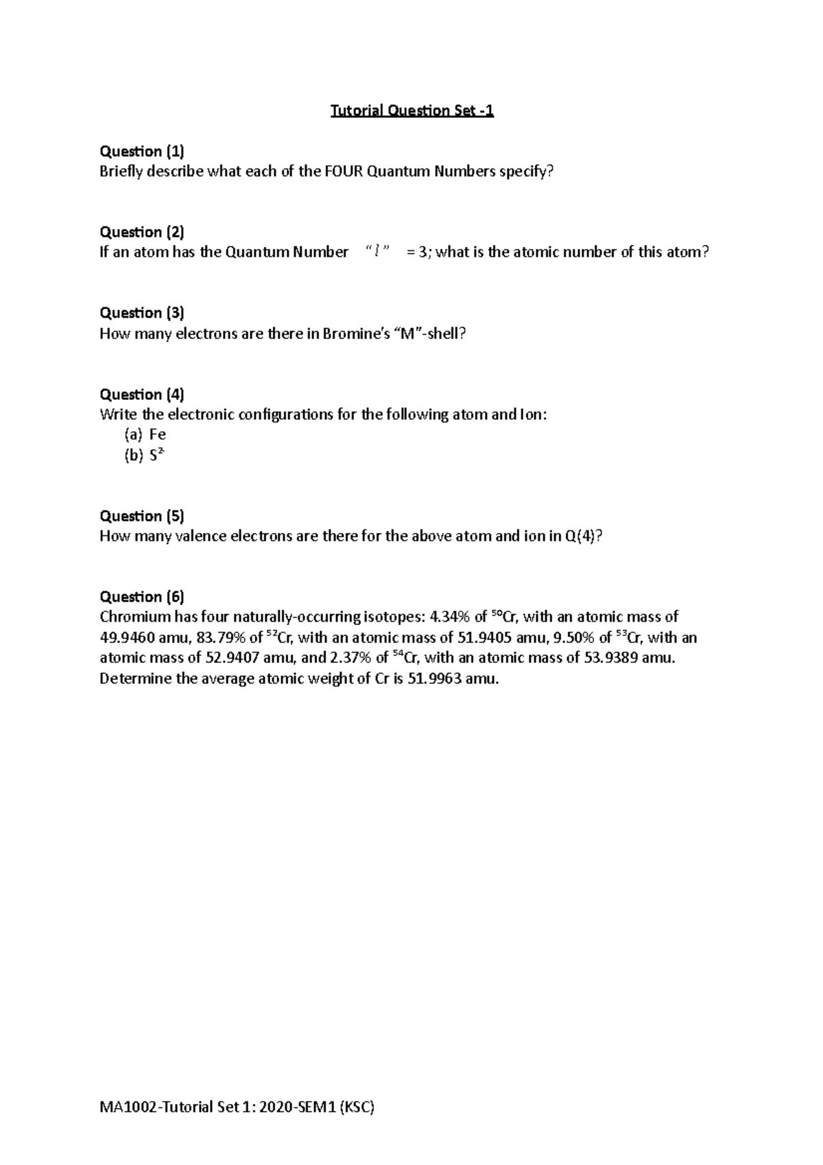 Tutorial Question Set-1-Final - Tutorial Question Set - Question (1 ...