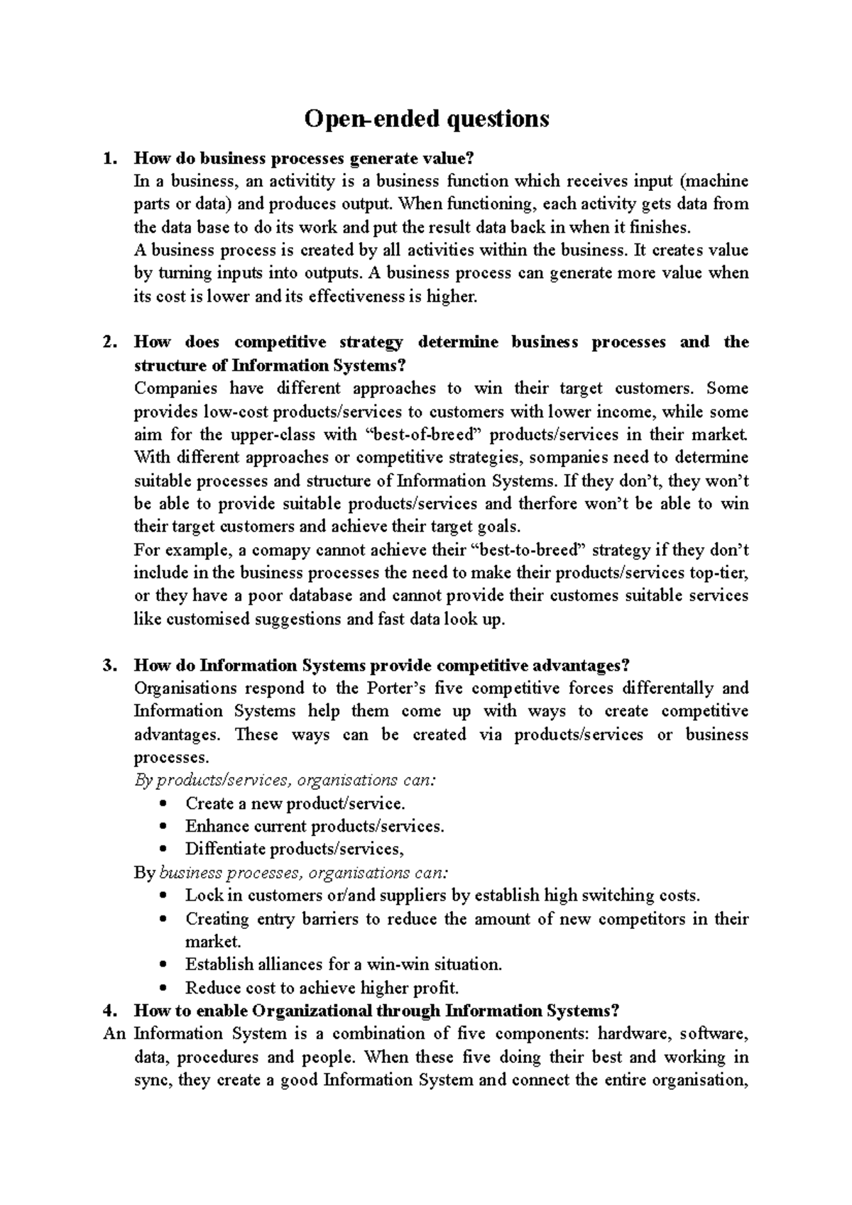 Open ended question - Open-ended questions How do business processes ...