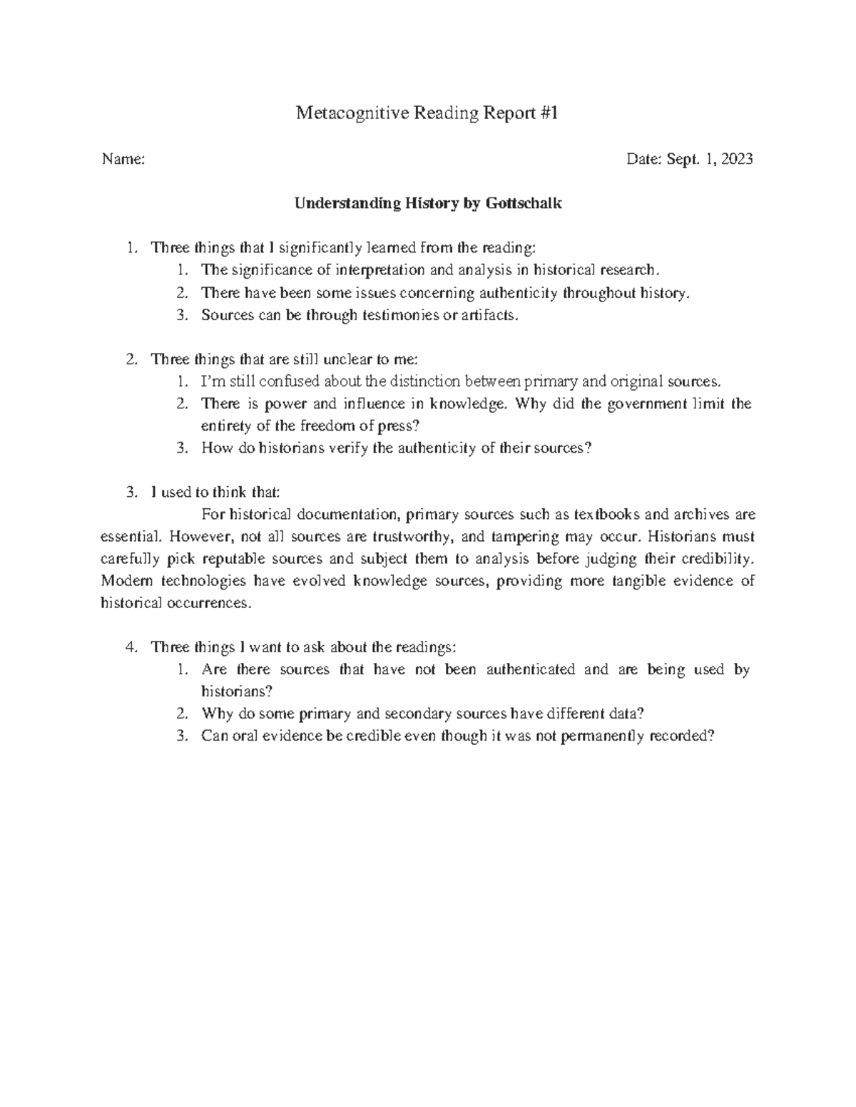 GED103 - MRR1 - Handbook of Self and Identity - Metacognitive Reading Report Name: Date: Sept. 1 ...