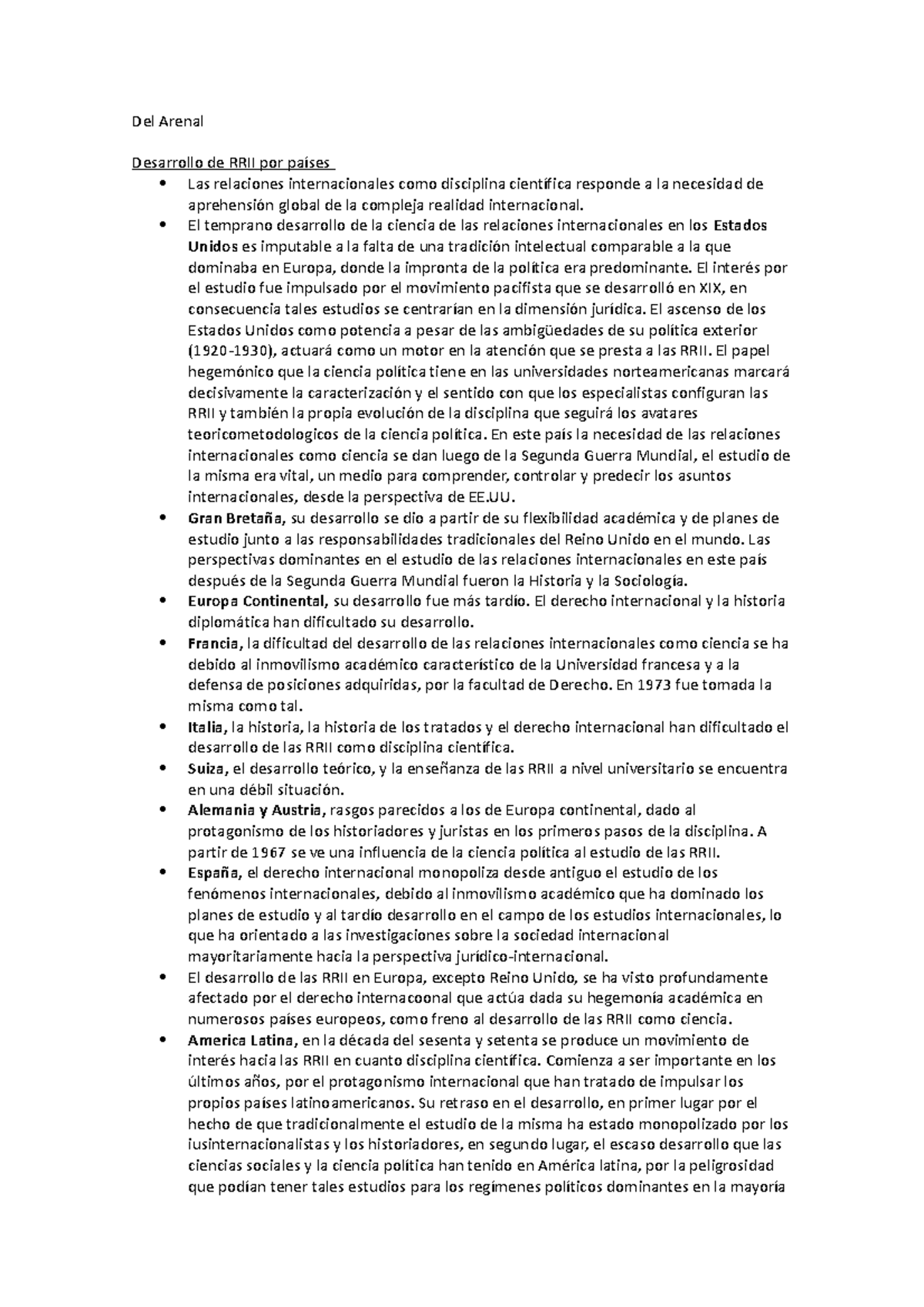 Del Arenal resumen - Del Arenal Desarrollo de RRII por países Las ...