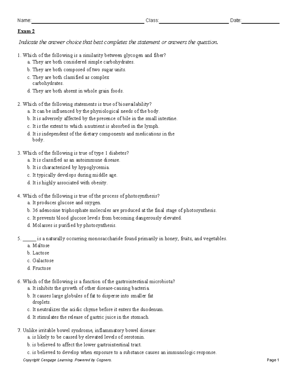 Bio Exam 2 Practice 2016 - Exam 2 Indicate the answer choice that best ...