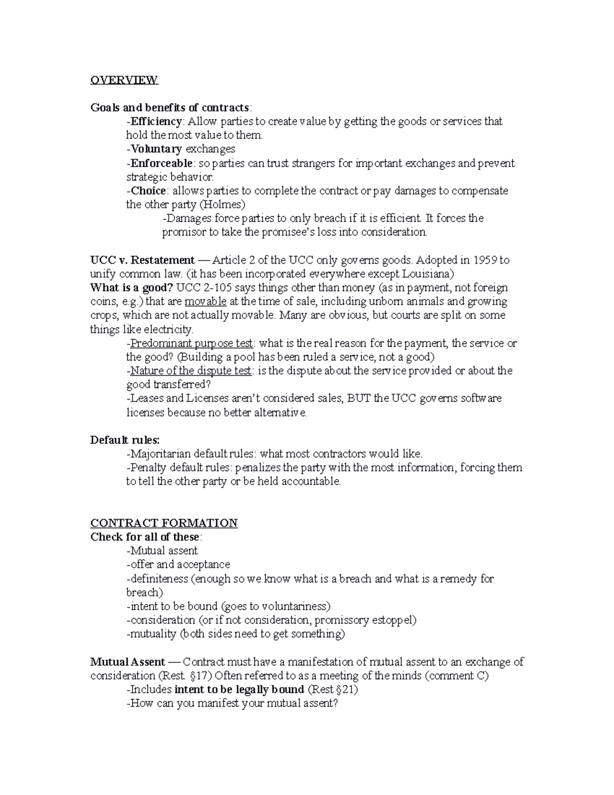 Contracts Fall - OVERVIEW Goals and benefits of contracts: - Efficiency ...