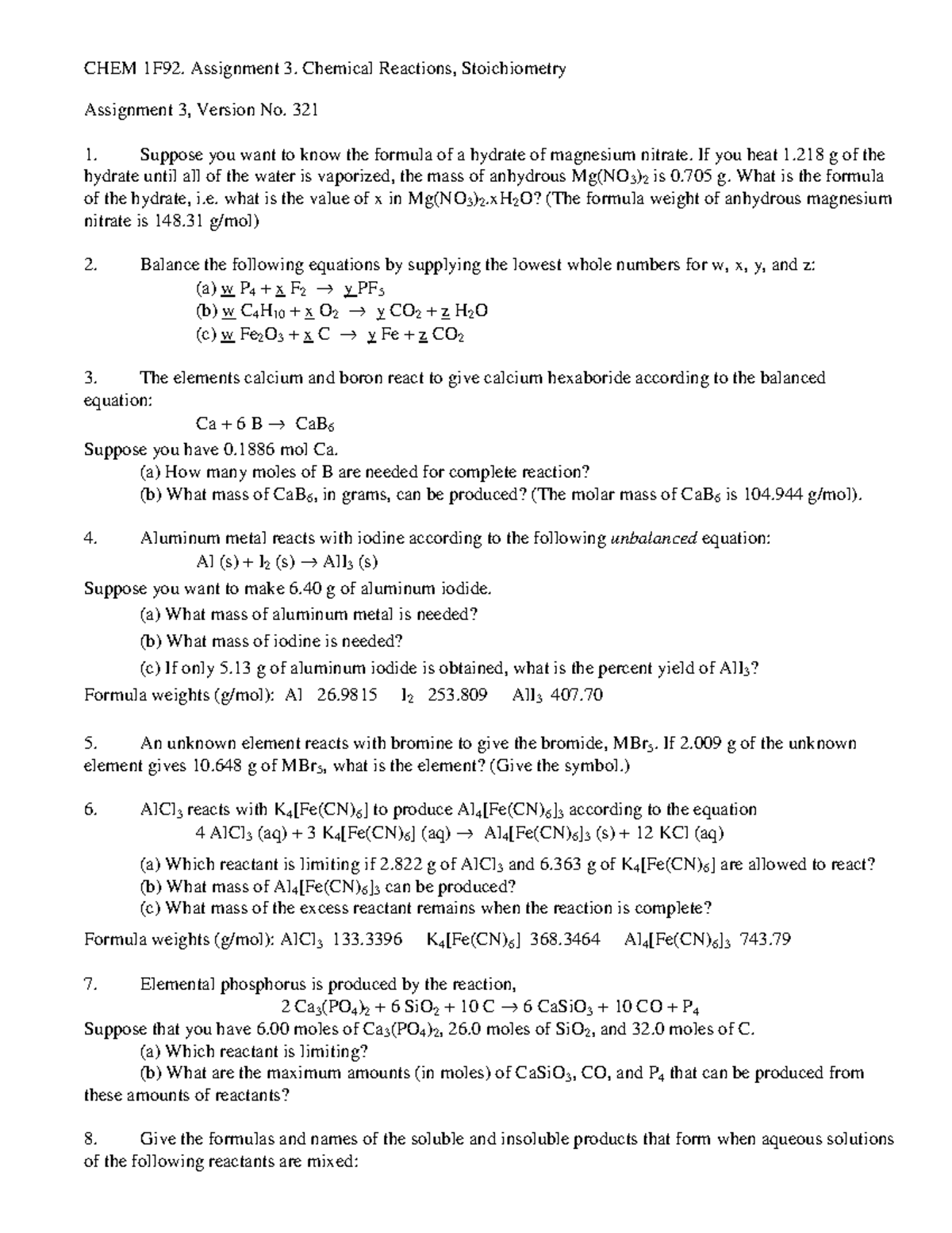 A3 - Practice - CHEM 1F92. Assignment 3. Chemical Reactions ...