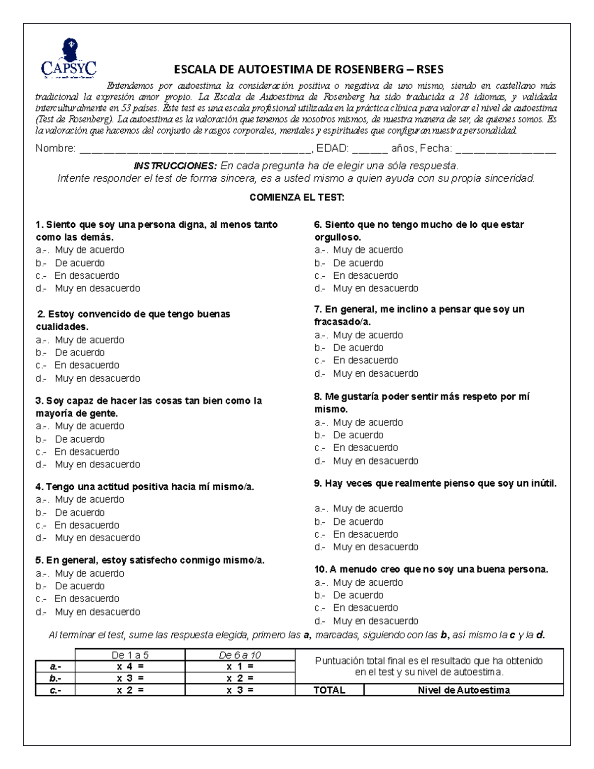 Escala de autoestima rosenberg - ESCALA DE AUTOESTIMA DE ROSENBERG ...
