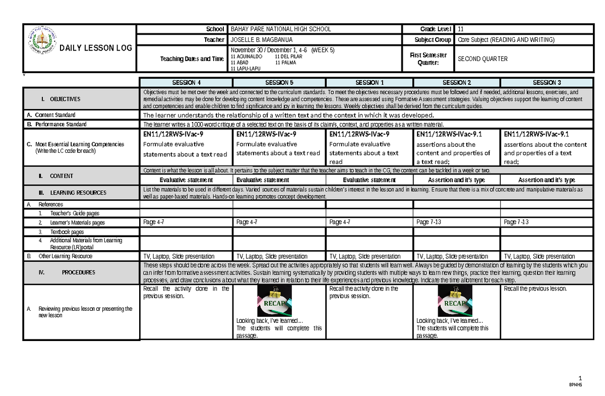 DLL RWS 2nd Q WEEK-5 - DLL - DAILY LESSON LOG School BAHAY PARE ...