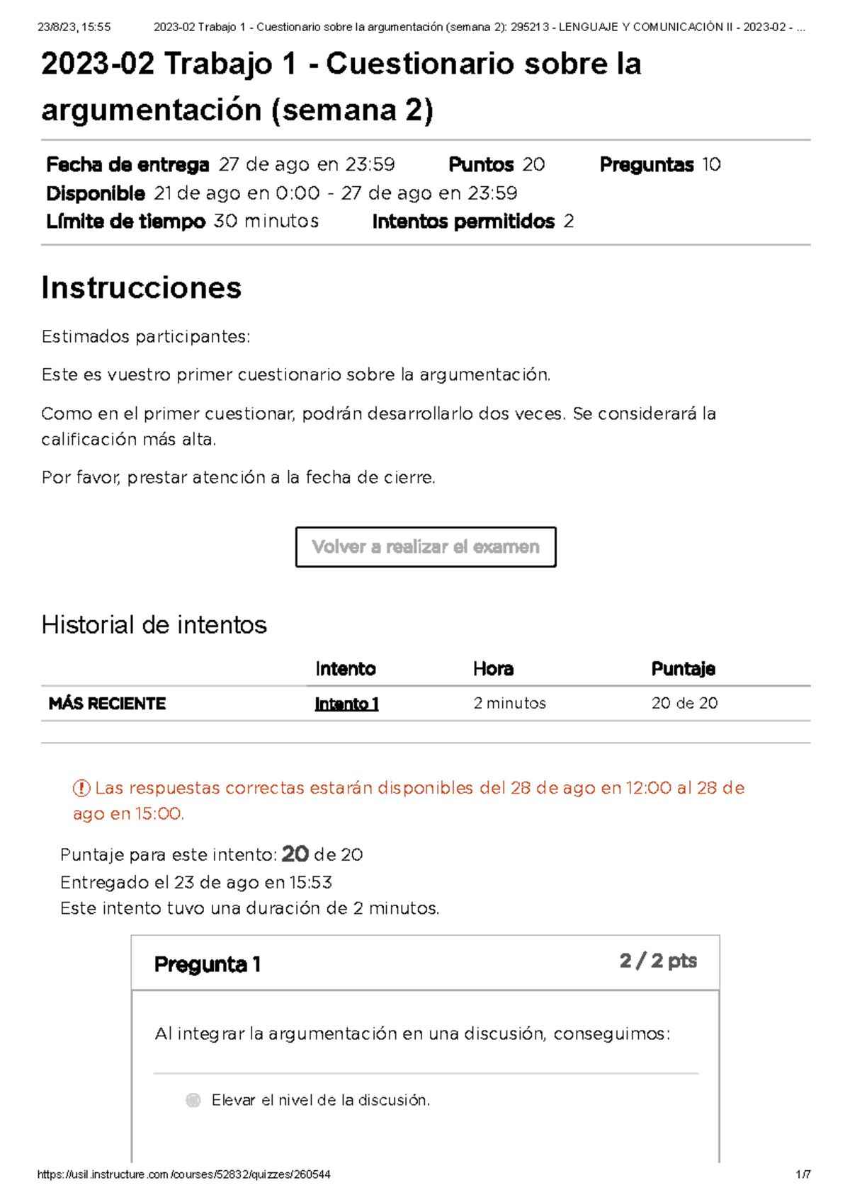 Lenguaje Y Comunicacion II - 2023-02 Trabajo 1 - Cuestionario sobre la argumentación (semana 2 ...