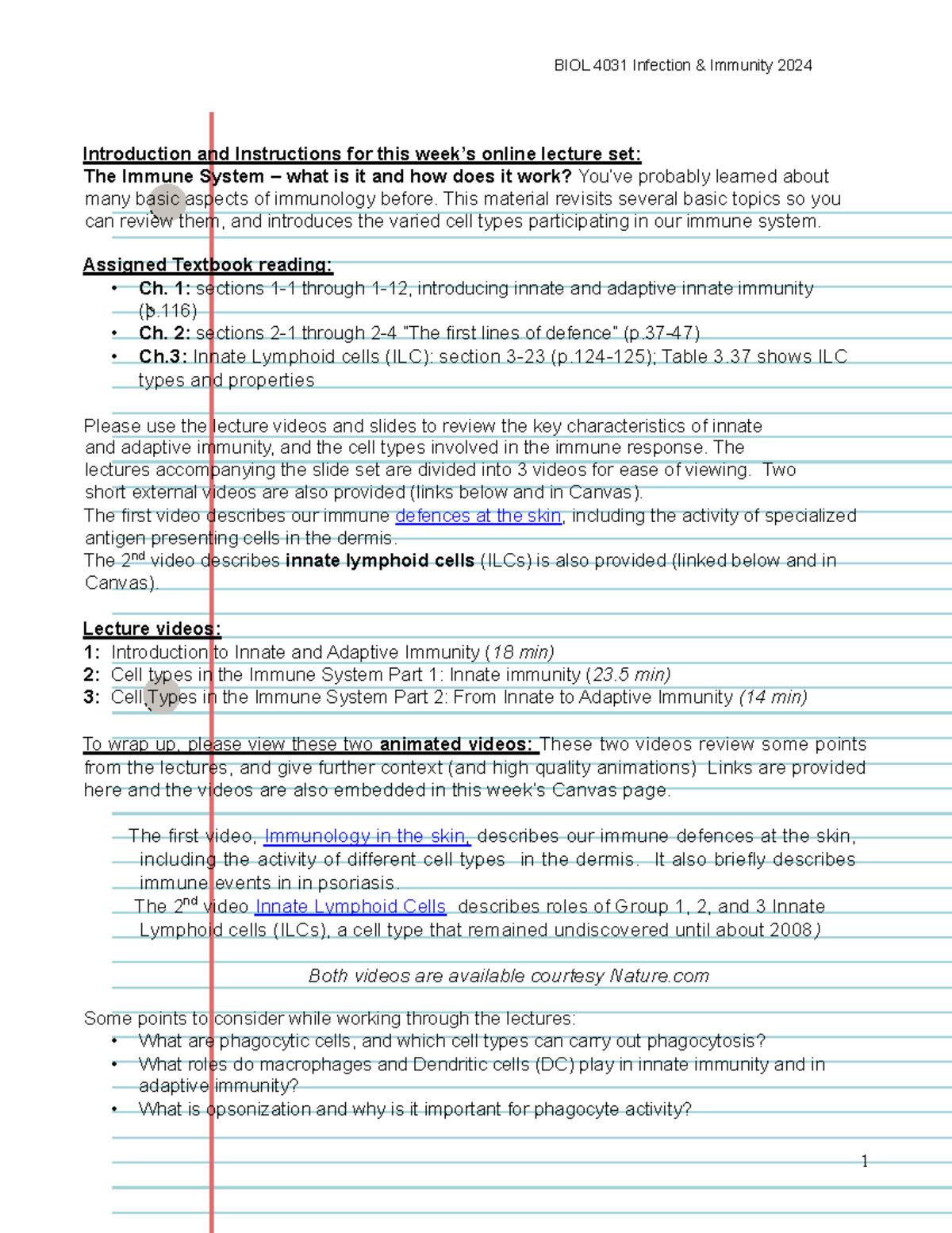 Online Lecture Set 1 Biol 4031 Infection And Immunity 202 4