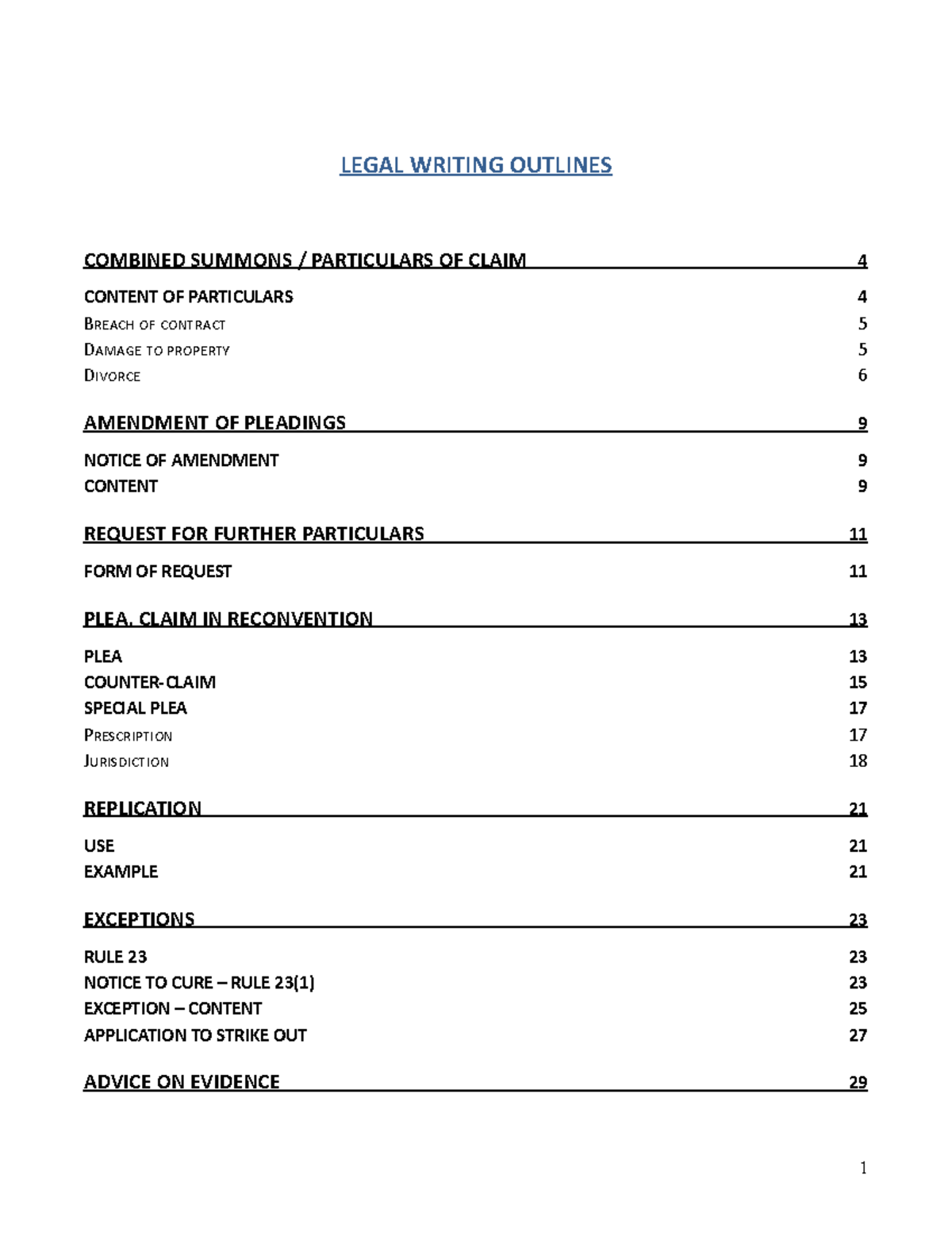 Legal writing outlines - LEGAL WRITING OUTLINES COMBINED SUMMONS ...