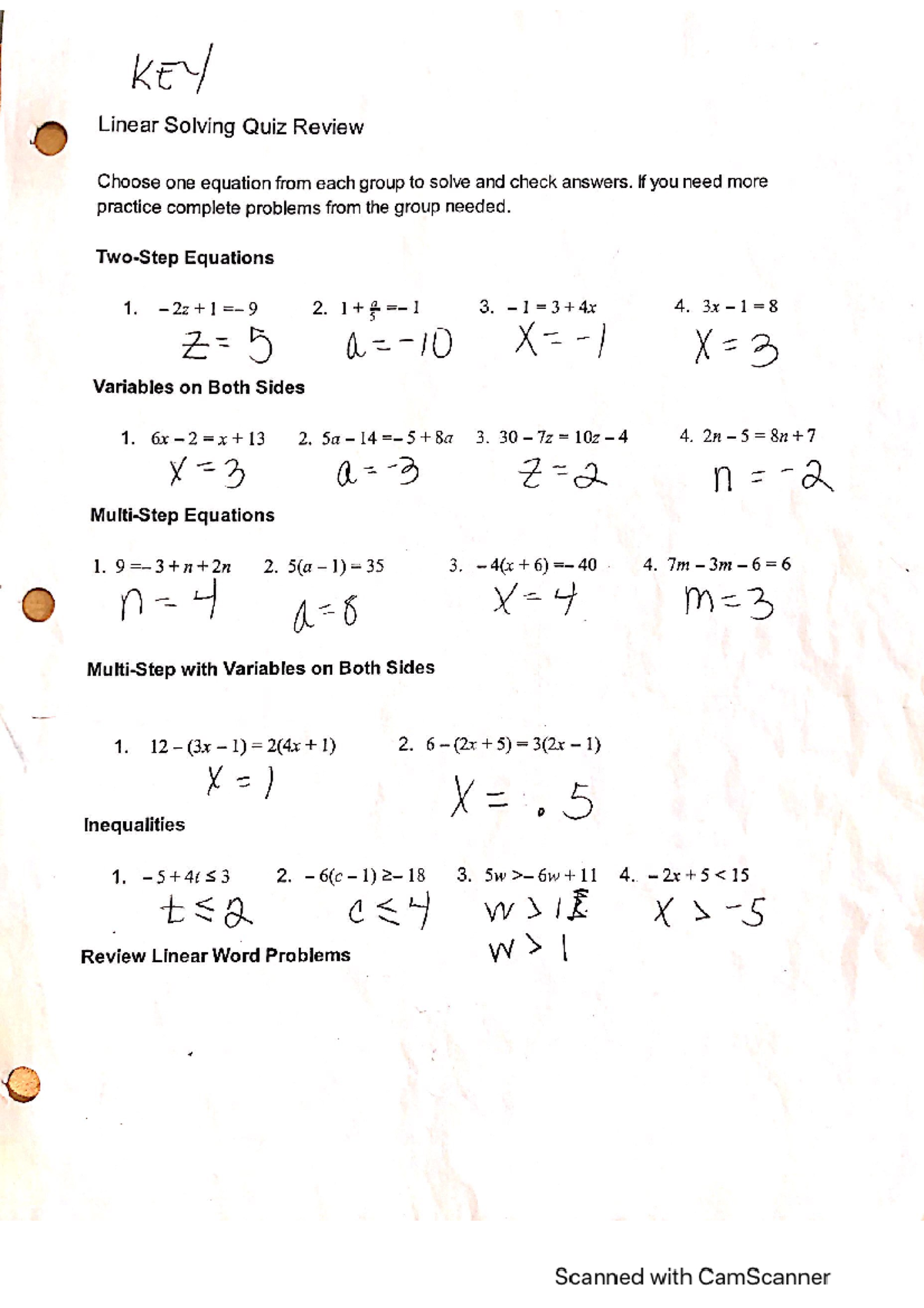 KEY Linear Solving Quiz Review - Studocu
