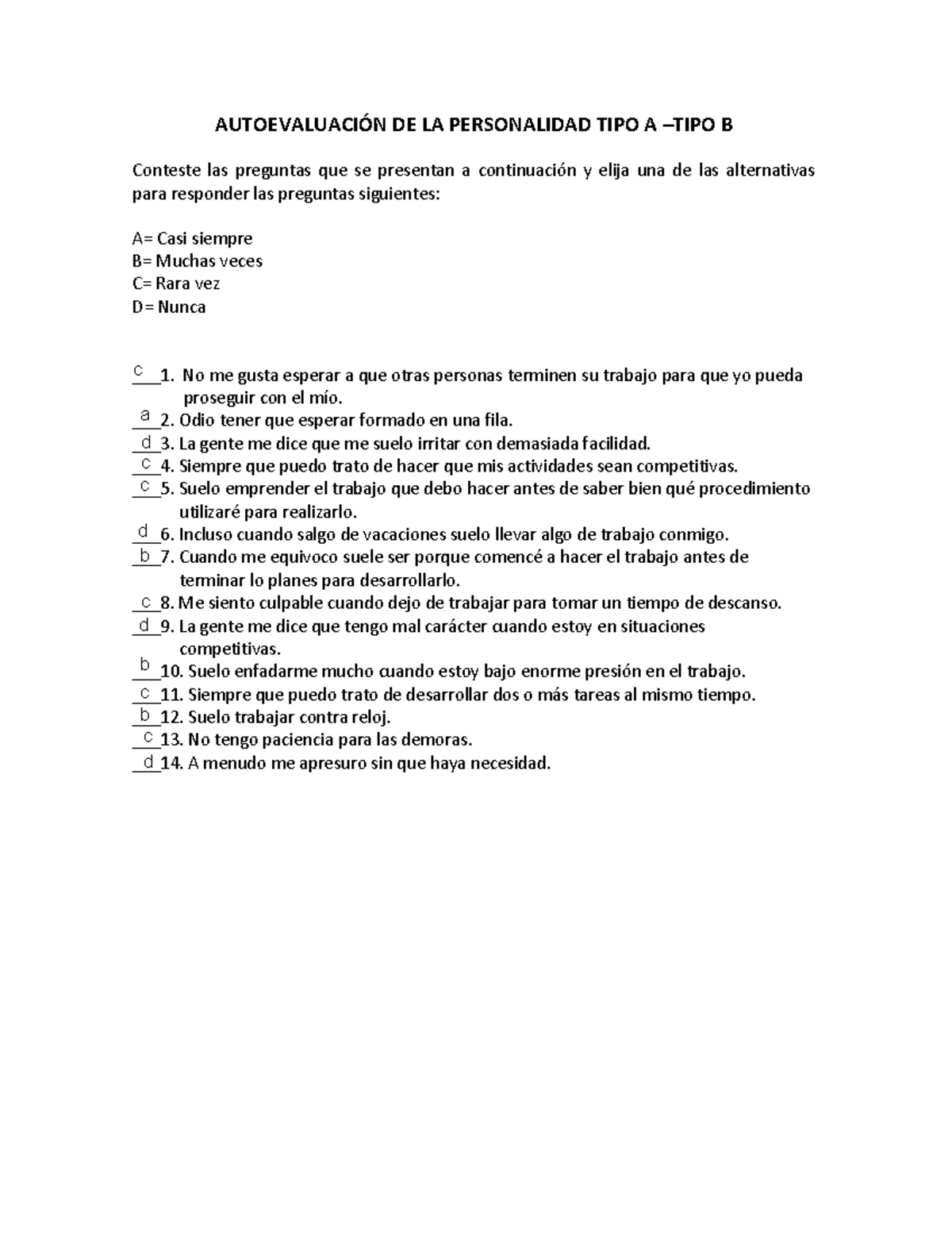 Tarea Evaluacion de Personalidad Tipo A y B - AUTOEVALUACI”N DE LA PERSONALIDAD TIPO A – TIPO B ...