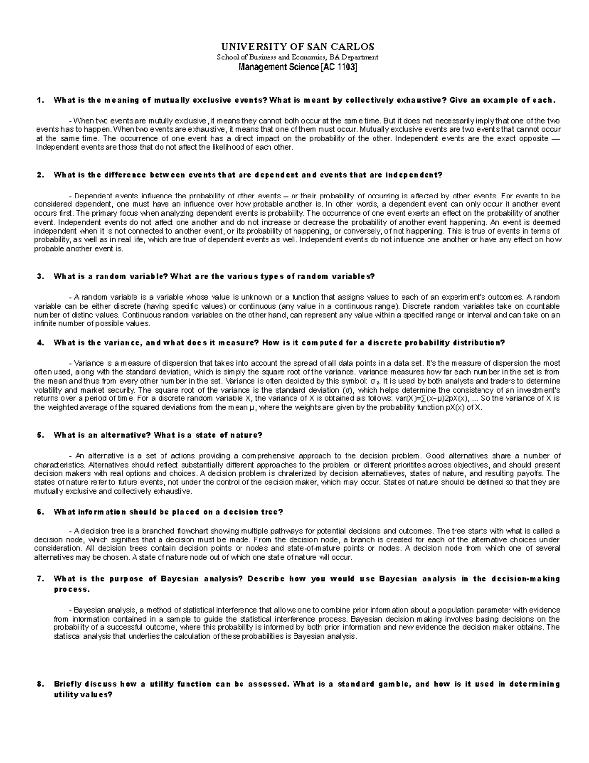 Managment Science Midterm Assignment AC1103 - San Carlos - Studocu