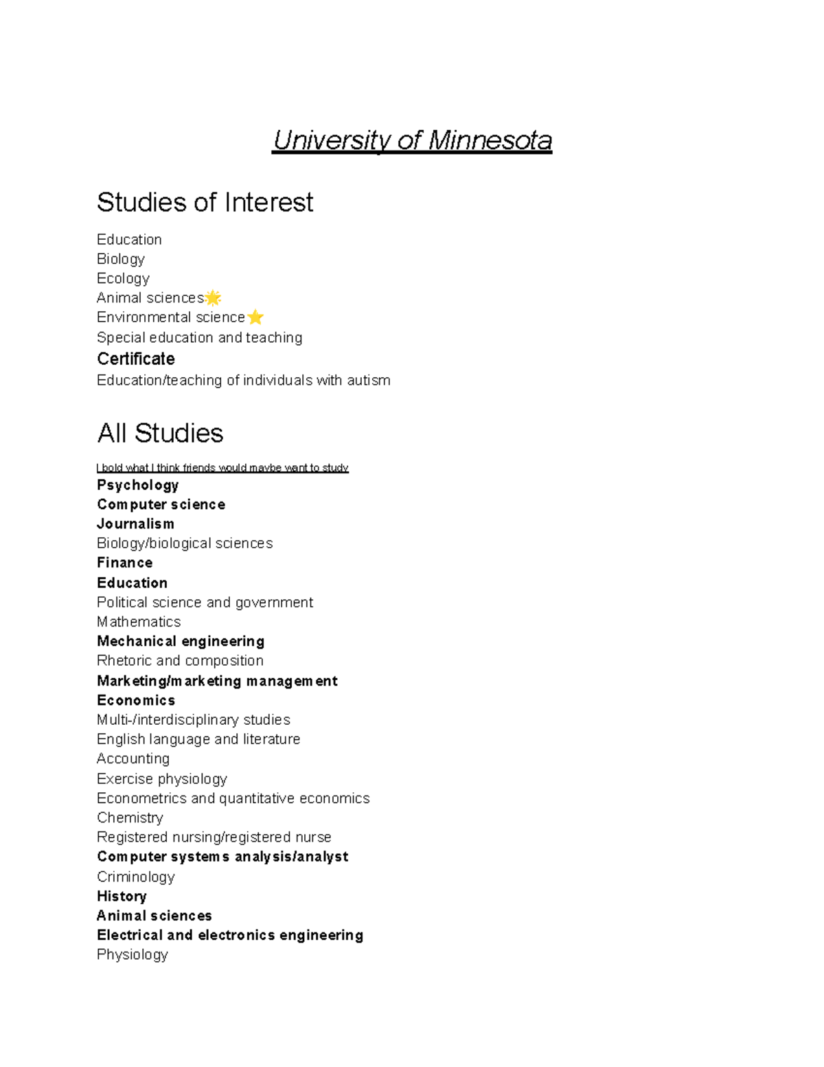 University of Minnesota - University of Minnesota Studies of Interest ...