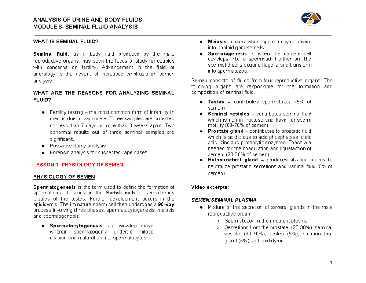 AUBF-LEC- Module 8 - Lec - MODULE 8- SEMINAL FLUID ANALYSIS WHAT IS ...