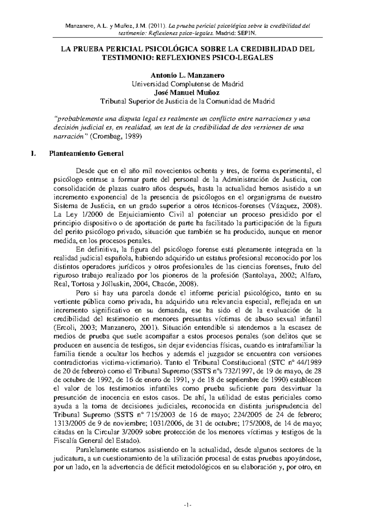 Credibilidad DEL Testimonio - testimonio: Reflexiones psico-legales ...