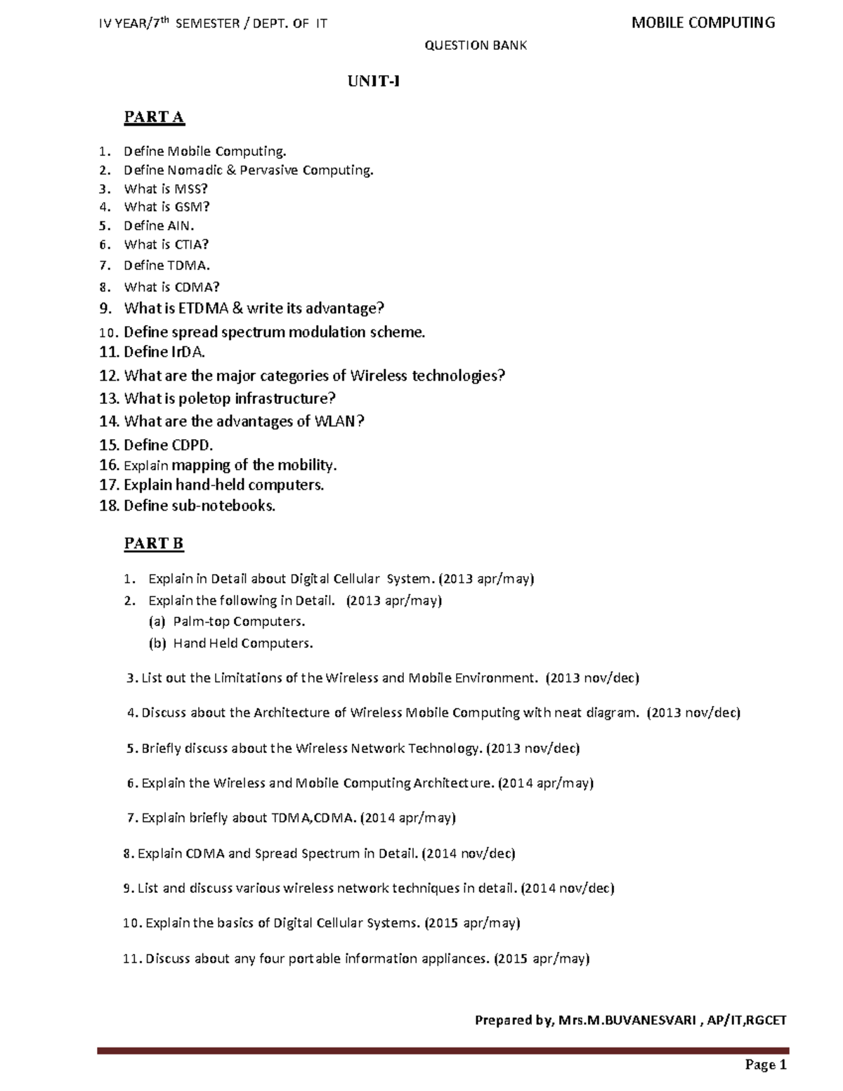Mobile Computing- question bank - QUESTION BANK Prepared by, Mrs.M , AP ... Mobile Computing- question bank - QUESTION BANK Prepared by, Mrs.M , AP ...